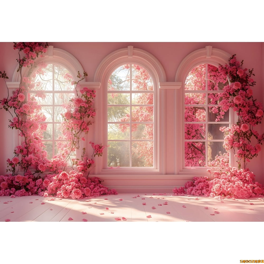 tic Pink European Style Photography Backdrop Arched Windows Flowers ...