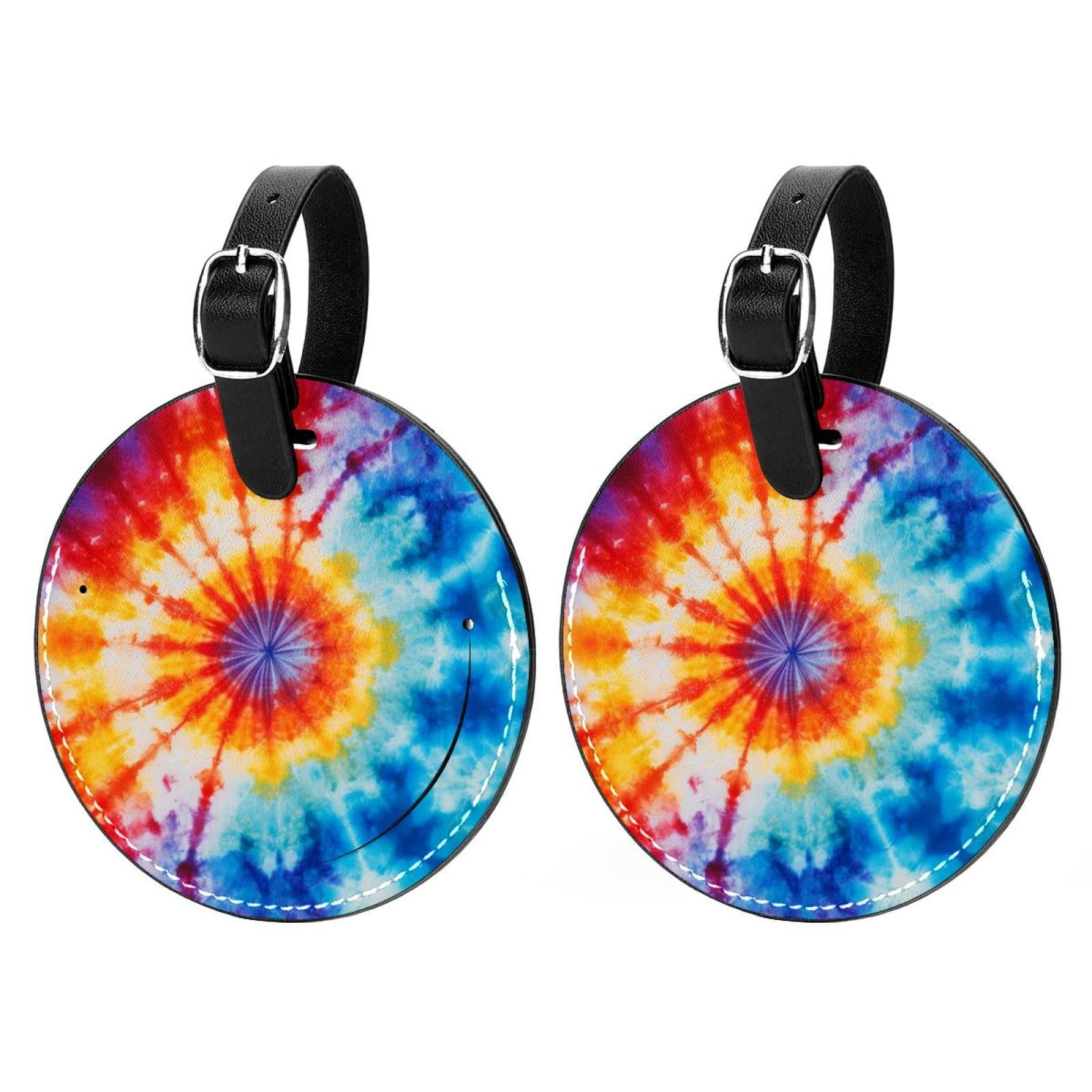 tie dye127 2Pcs PU Leather Round Luggage Tags with Privacy Cover and ...