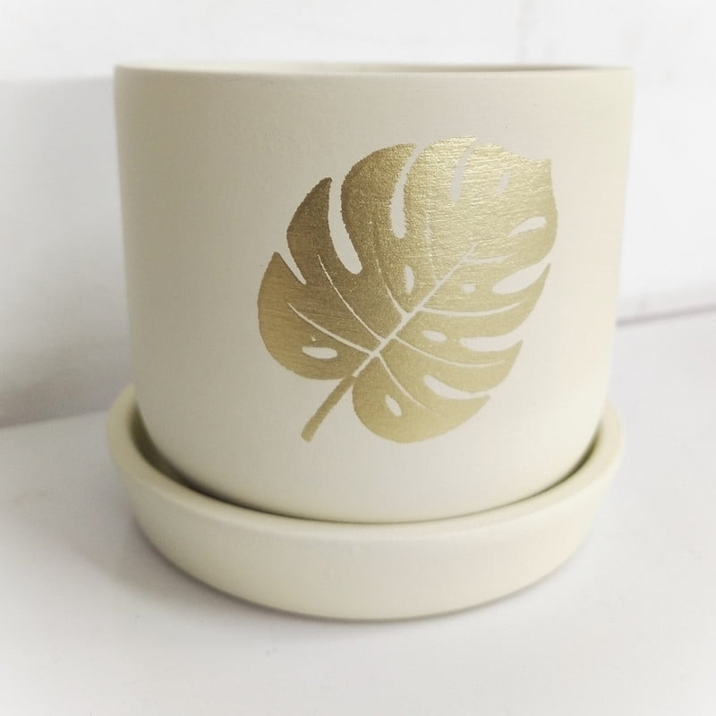tinyshrub 5 Inch Leafy Print Ivory Barrel Shape Pot for Plants, Indoor ...