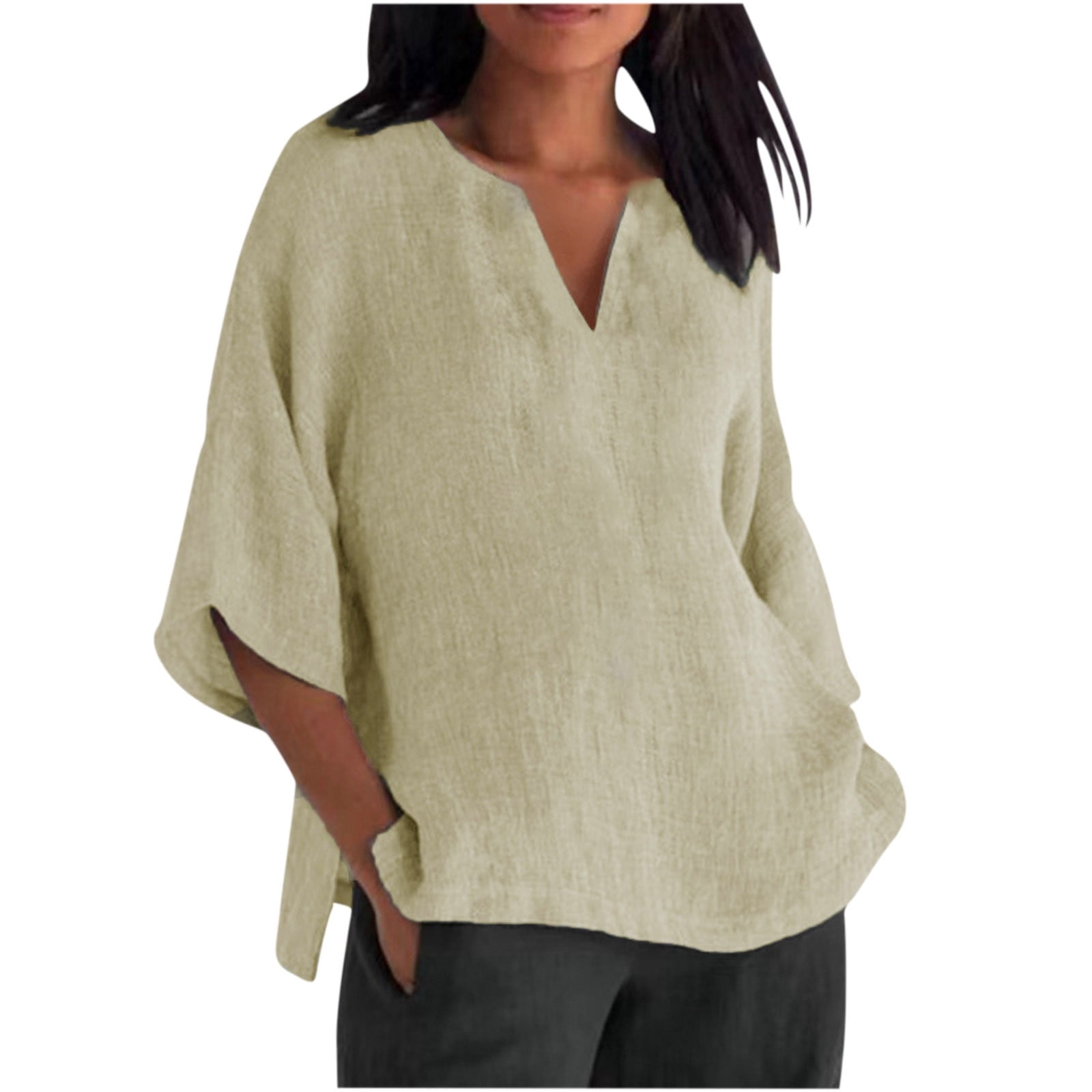 tklpehg 3/4 Sleeve Cotton Linen Tops for Women Casual Loose Fit Solid ...
