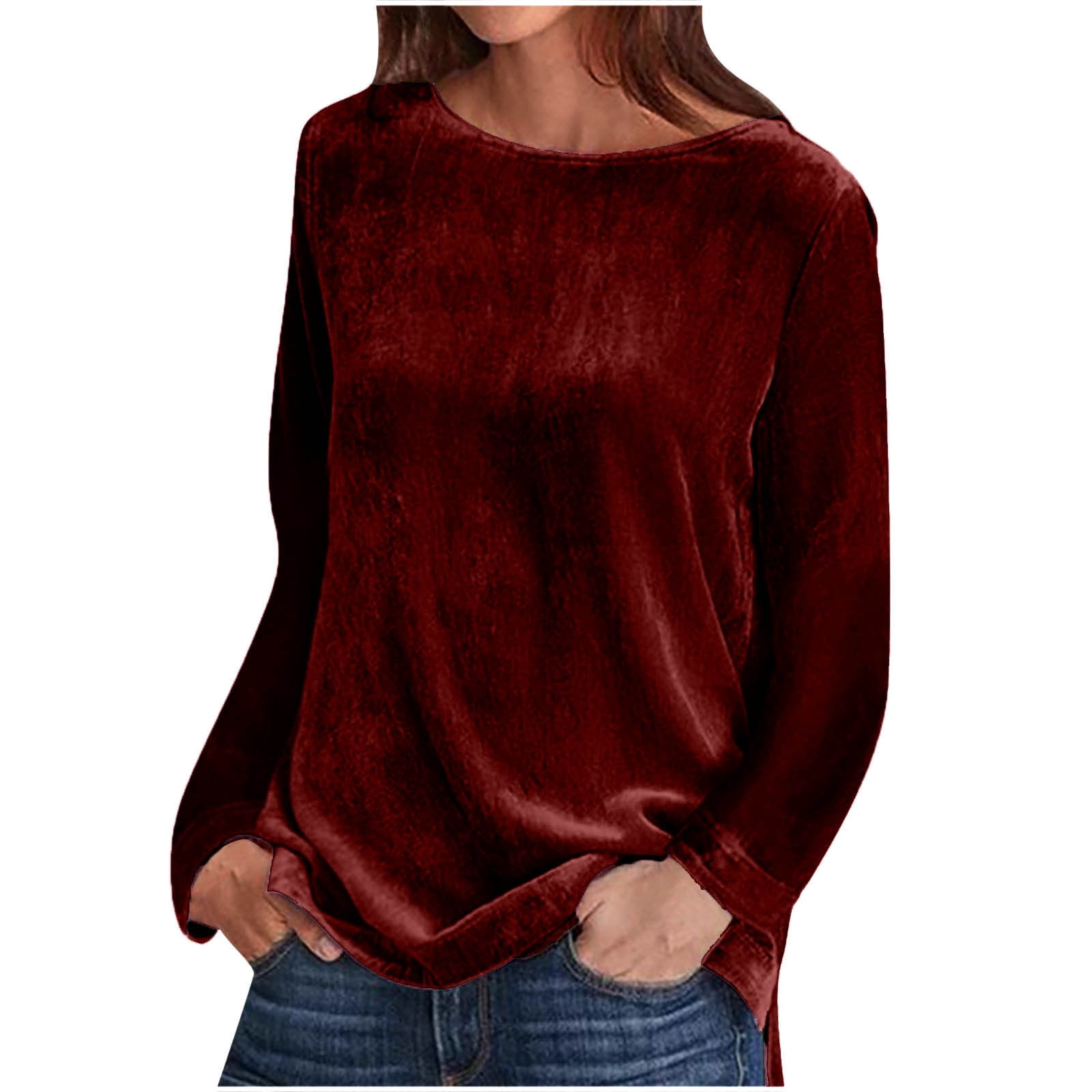 tklpehg Fall Long Sleeve Shirts for Women Crew Neck Velvet Tops Going ...
