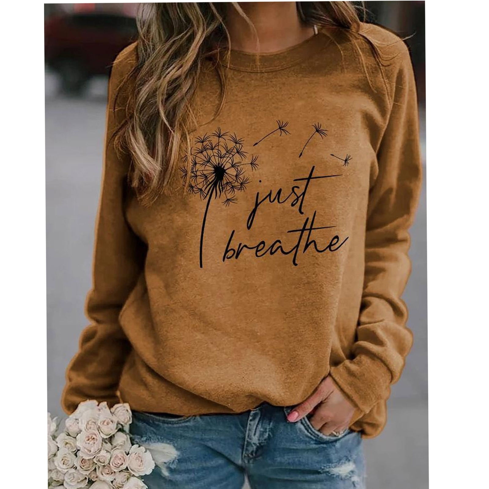tklpehg Fall Sweatshirts for Women Floral Letter Print Long Sleeve ...