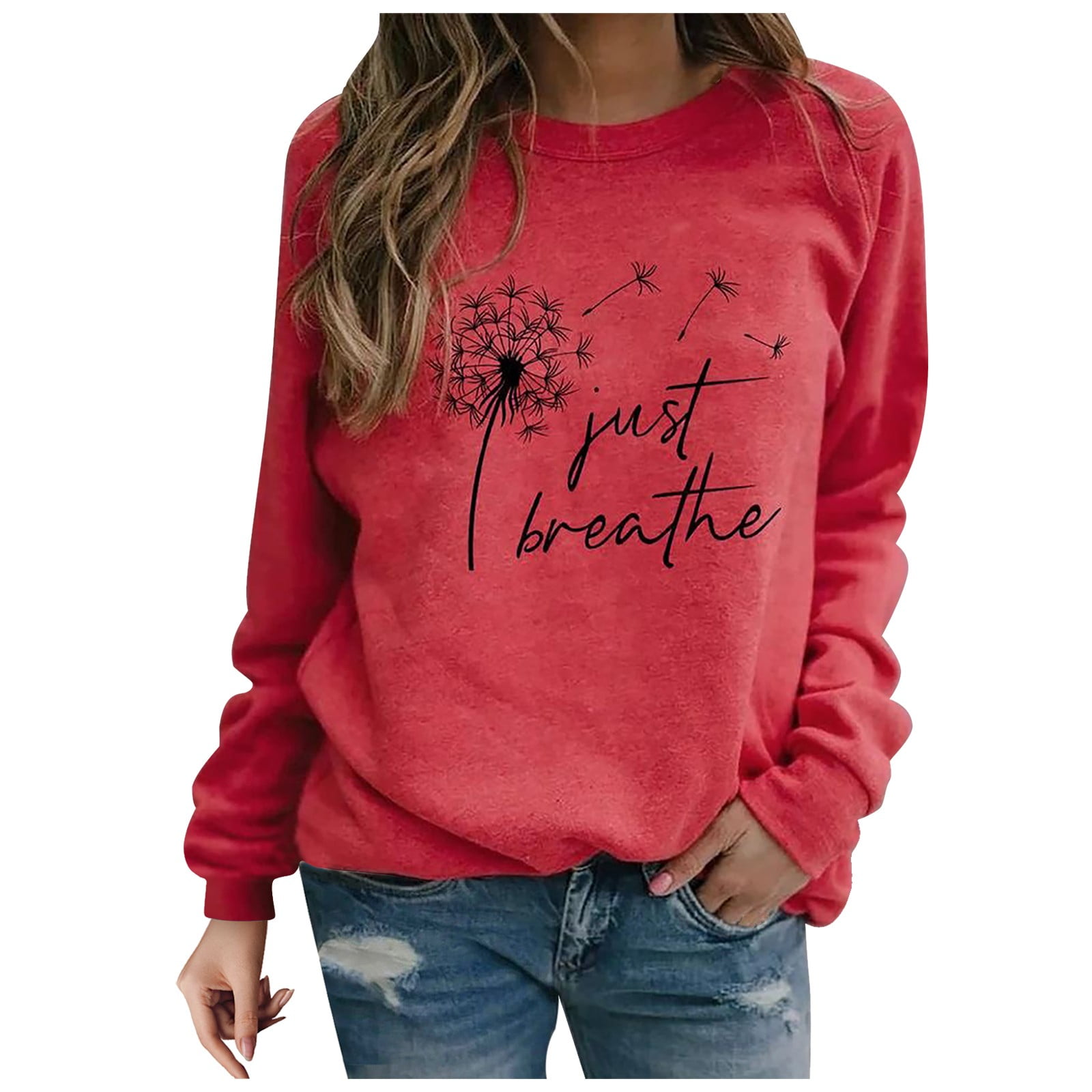 tklpehg Fall Sweatshirts for Women Floral Letter Print Long Sleeve ...