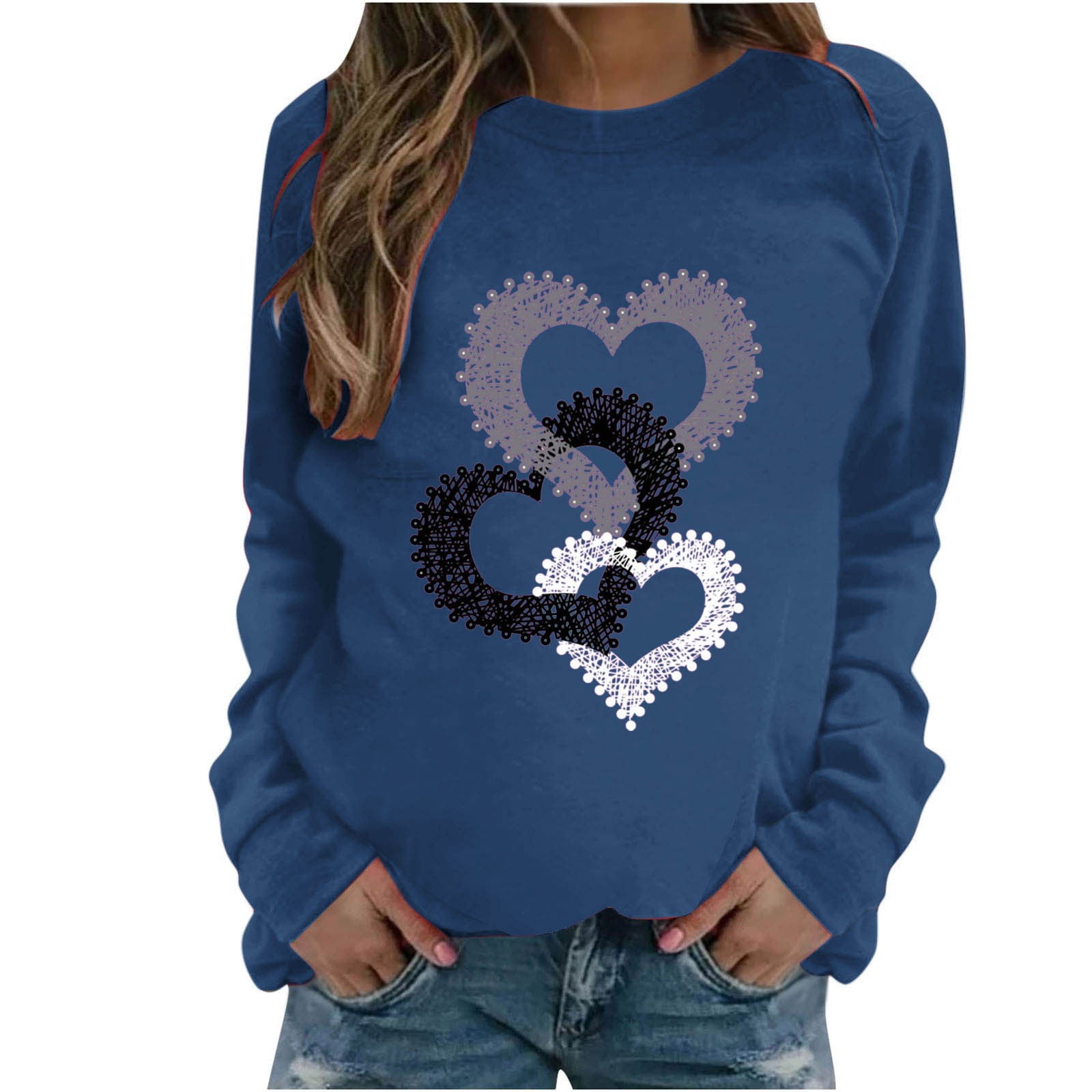 tklpehg Plus Size Valentines Tops for Women Long Sleeve Round Neck Heart Shirts for Women Casual ...
