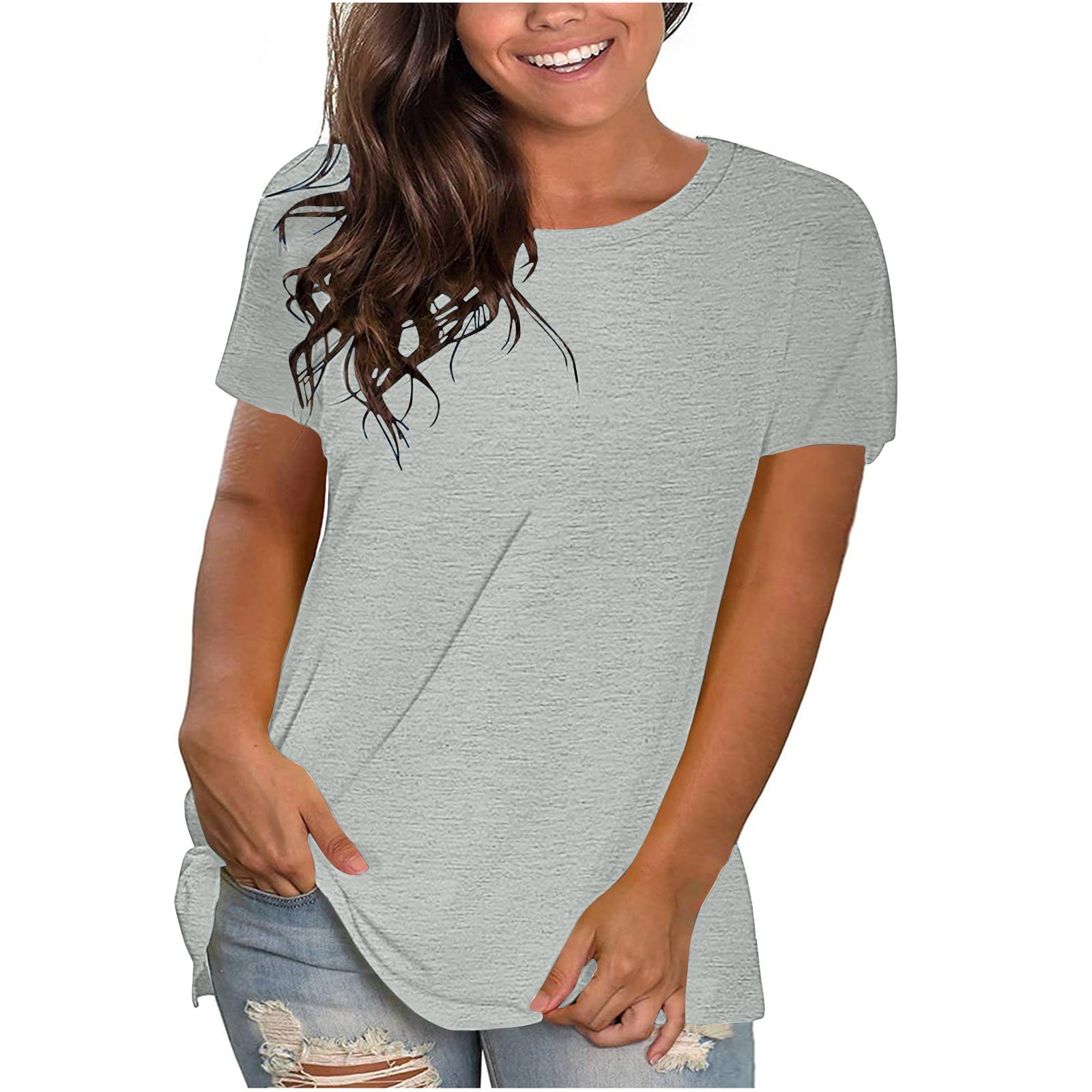 tklpehg Solid Color Womens Plus Size Tops Summer Leisure Round Neck ...