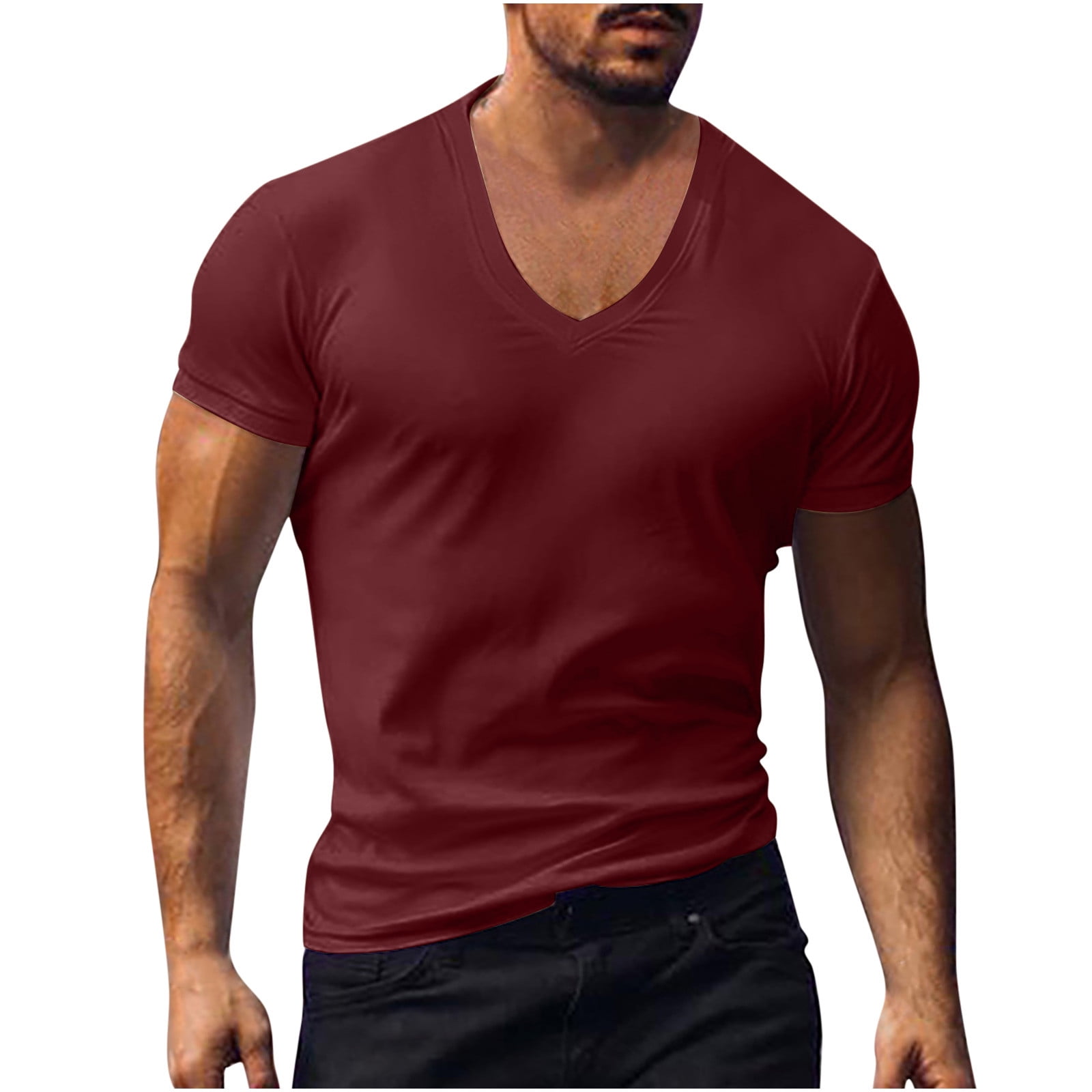tklpehg Tshirts for Men Summer Business Basic Tops V-Neck Classic Solid ...