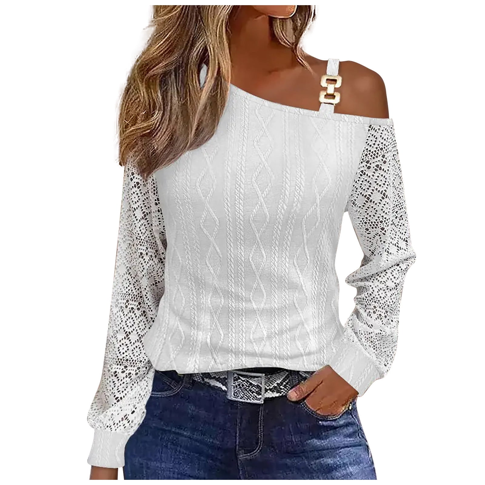 tklpehg Womens Fall Tops Crew Neck Cold Shoulder Tops Long Sleeve Tops ...