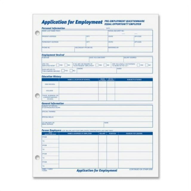 Tops Application Form for Employment, 8-1/2 X 11 in, 50 Sheets/Pad ...