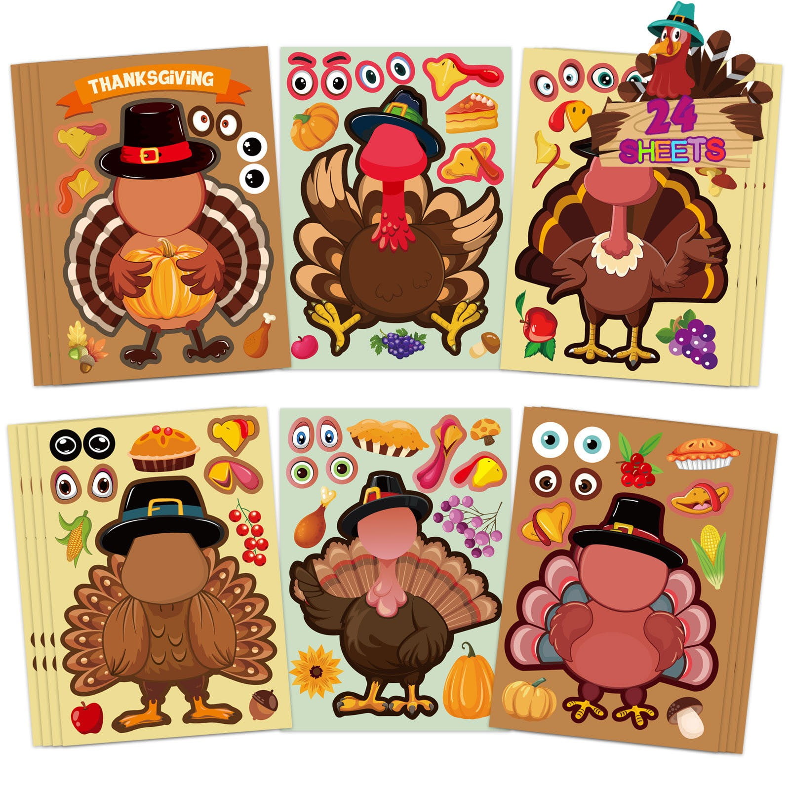 toys under $5! 24 Sheets Thanksgiving Make A Turkey Stickers ...