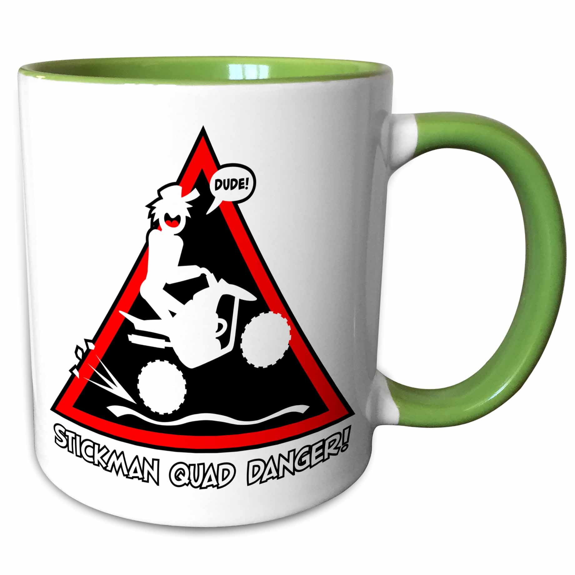 triangle shaped sign, stickman quad danger, popping a wheelie 15oz Two ...