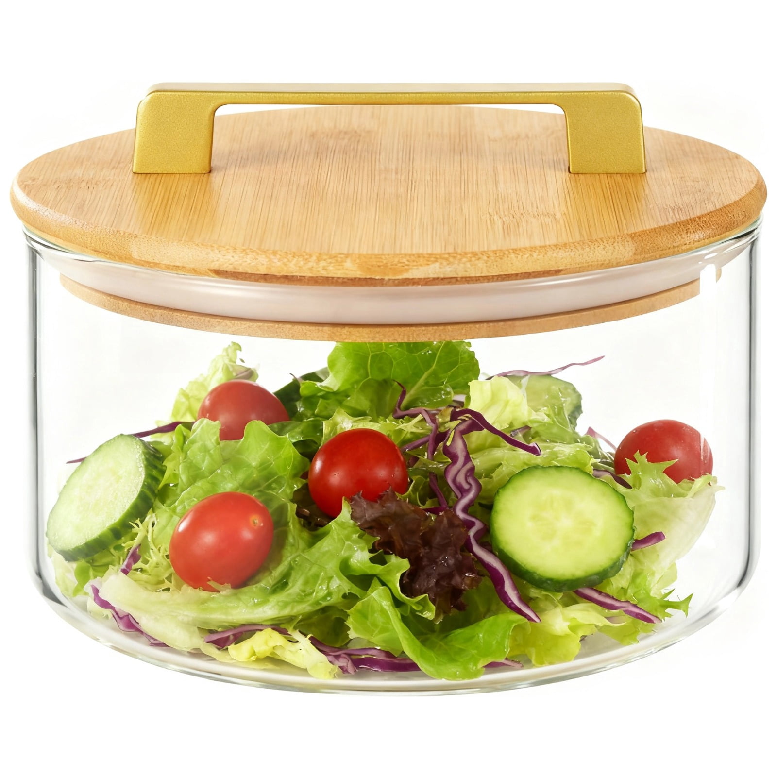 Large Salad Bowl with Wood Lid and Handle, 8.3 x 5.1 in Glass Mixing ...