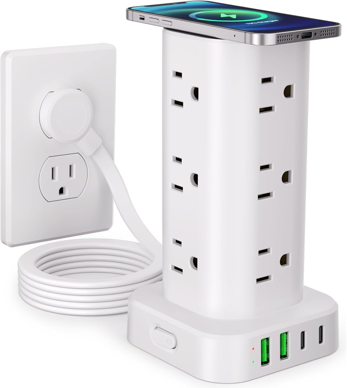 trip Tower with Wireless Charger, Flat Plug Surge Protector Tower with ...