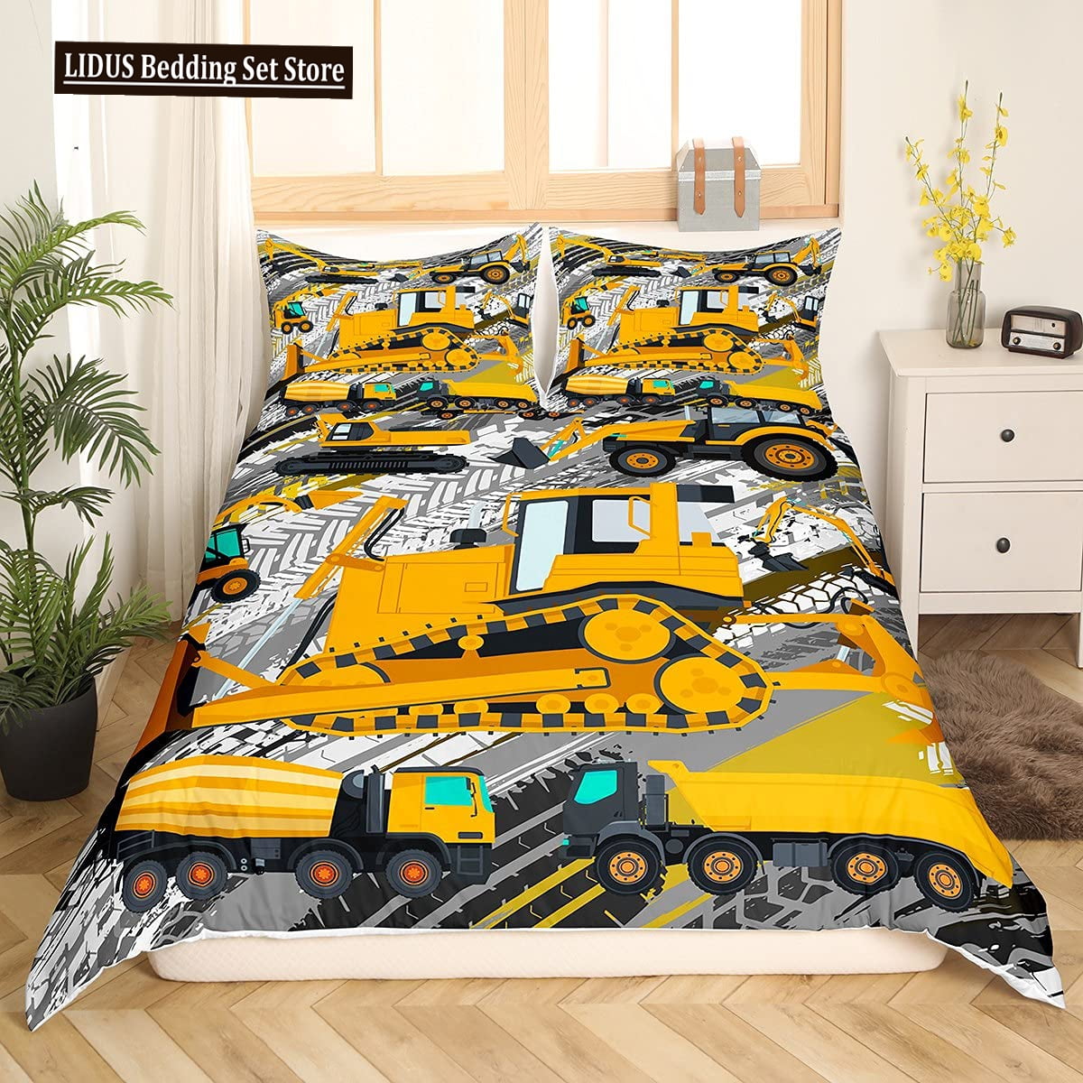 truction Vehicles Boys Excavator Duvet Cover Yellow Tractor Truck ...