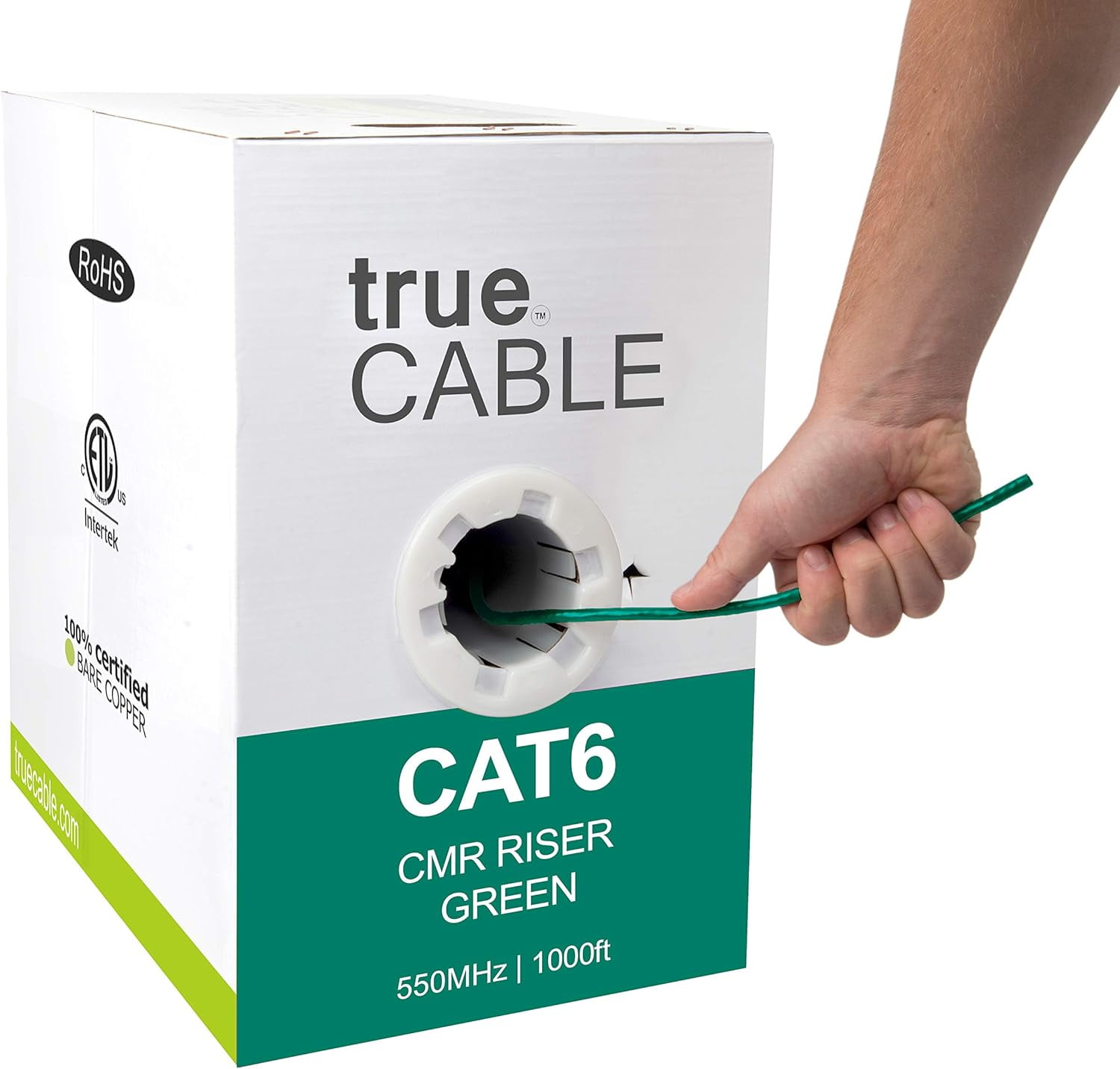 trueCABLE Cat6 Riser (CMR), 1000ft, Green, Solid Bare Copper Bulk ...