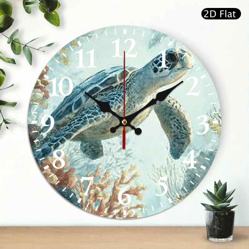 turtle ocean corals Round Wooden Wall Clock for Home Decor, Silent Mechanical Movement Battery ...