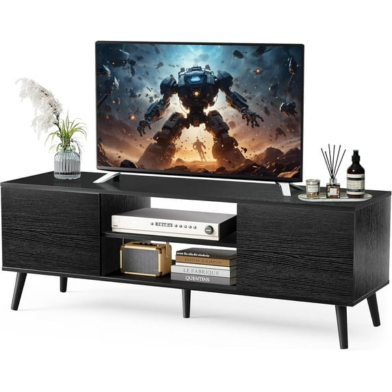 tv stand for 55 60 inch tv, black wood television stand 2 cabinet modern entertainment center ...