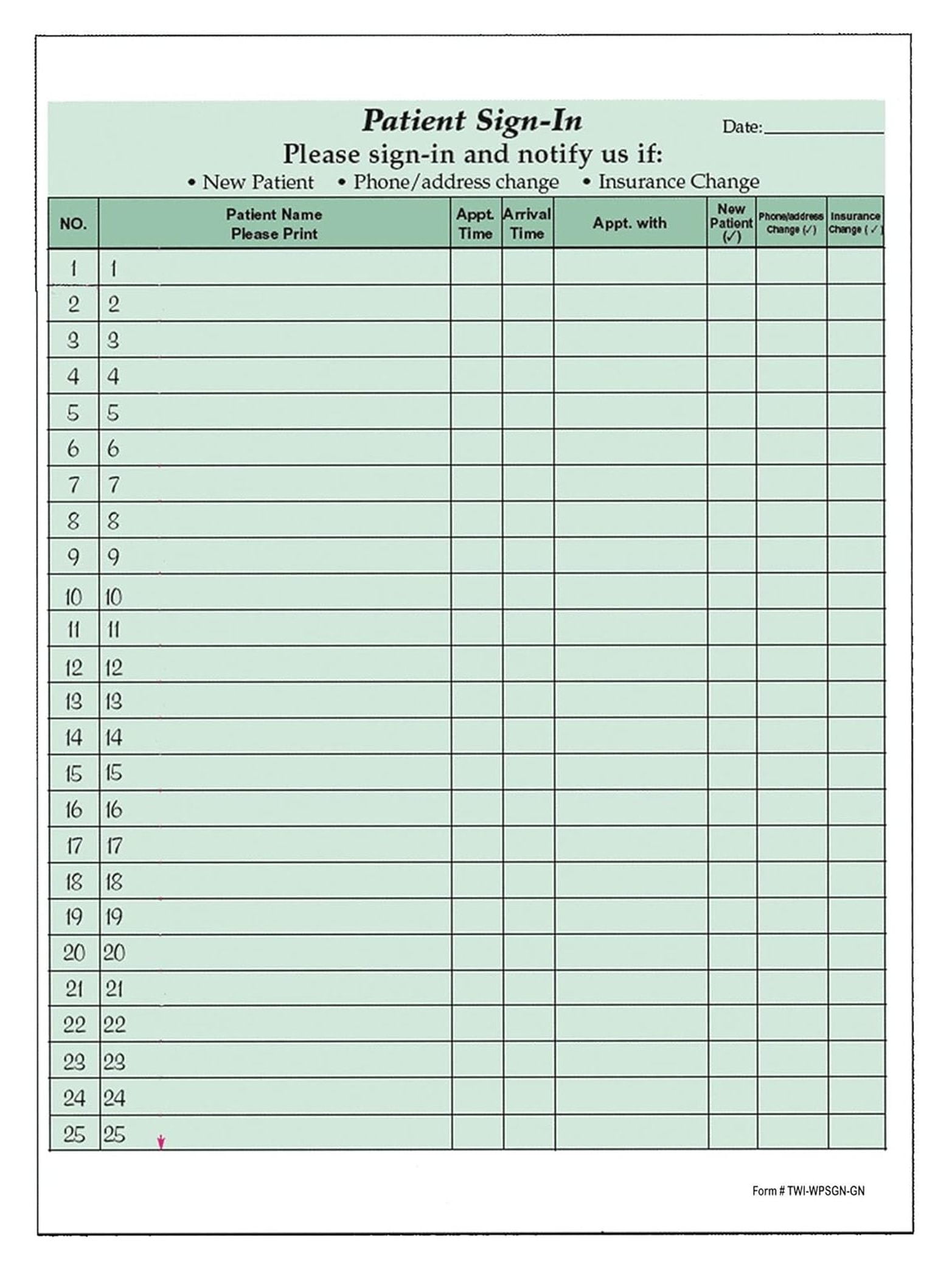 twihealthcare Patient Sign-in Sheets, 8-1/2" X 11" (Green) Carbonless ...