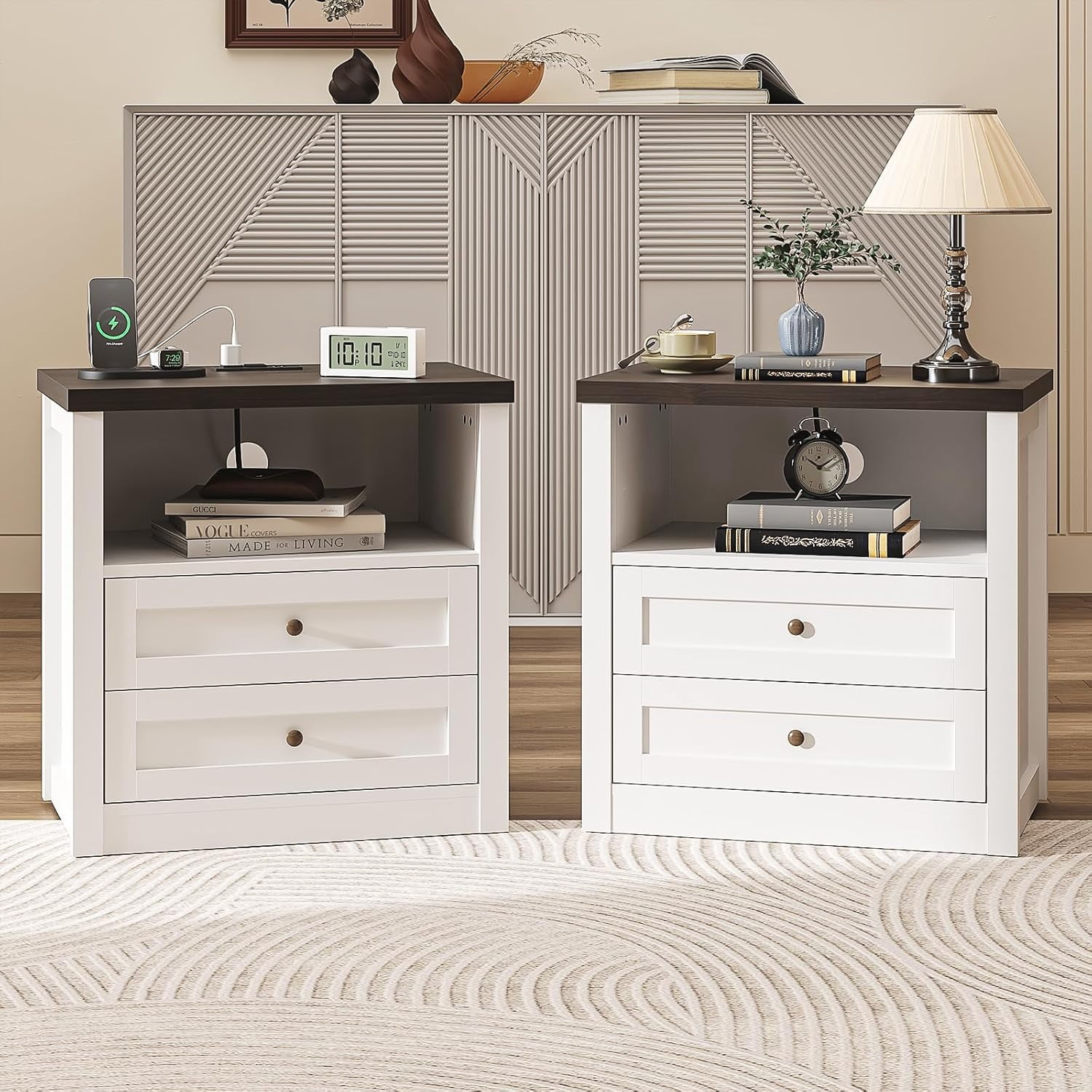 tygvfci Farmhouse Nightstand 2 Set with Charging Station 23.6 Inch ...