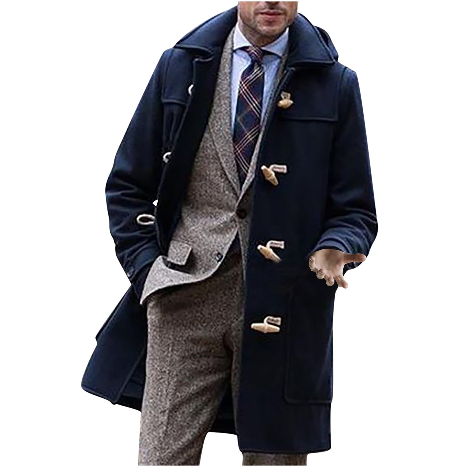 tzhuwd Men's Mid-length Lapel Outerwear Solid Color Horn Button Trench ...