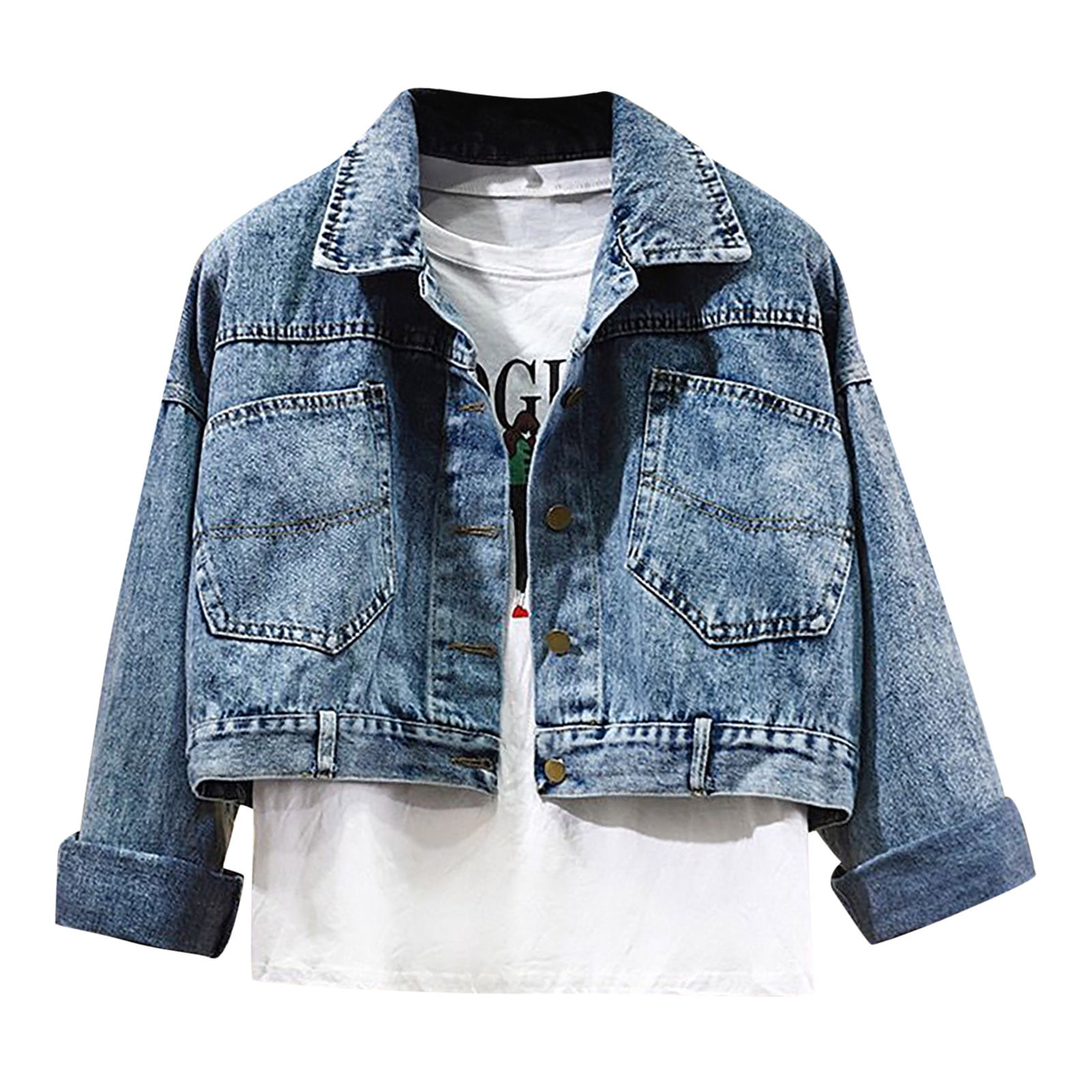 tzhuwd Women's Short Denim Jacket Lapel Long Sleeve Cardigan Hot Girl ...