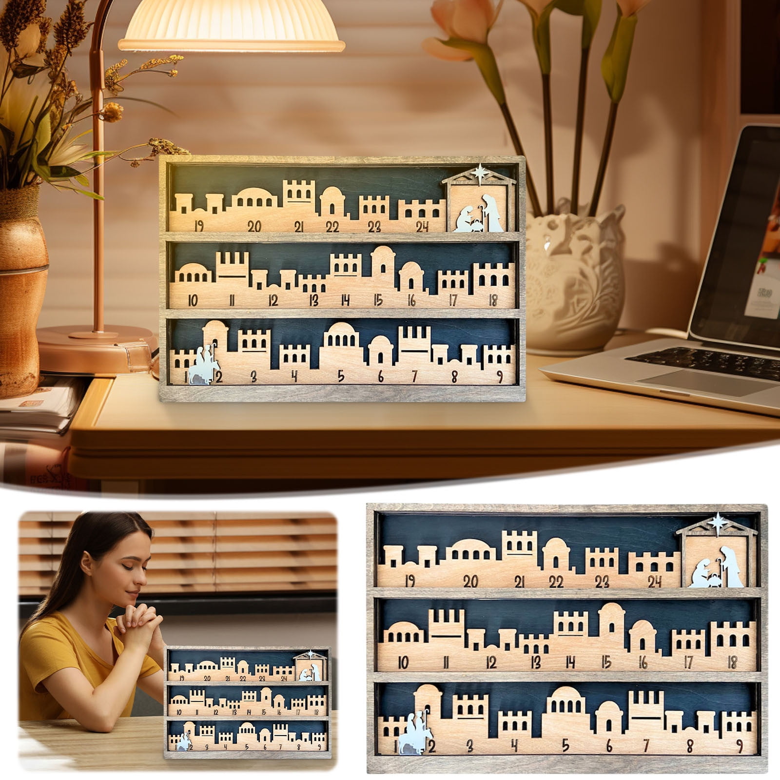 ufehgfjh Christmas Decor Wooden Nativity Advent Calendar 2025 | LED ...