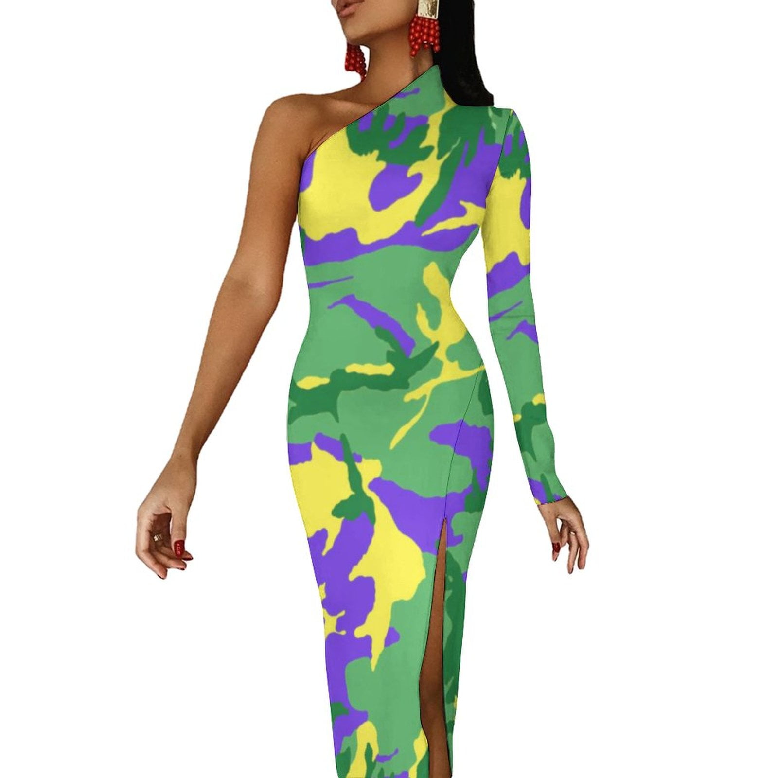 uflage Militaire Side Split Bodycon Dress Women Green Print Maxi Dress ...
