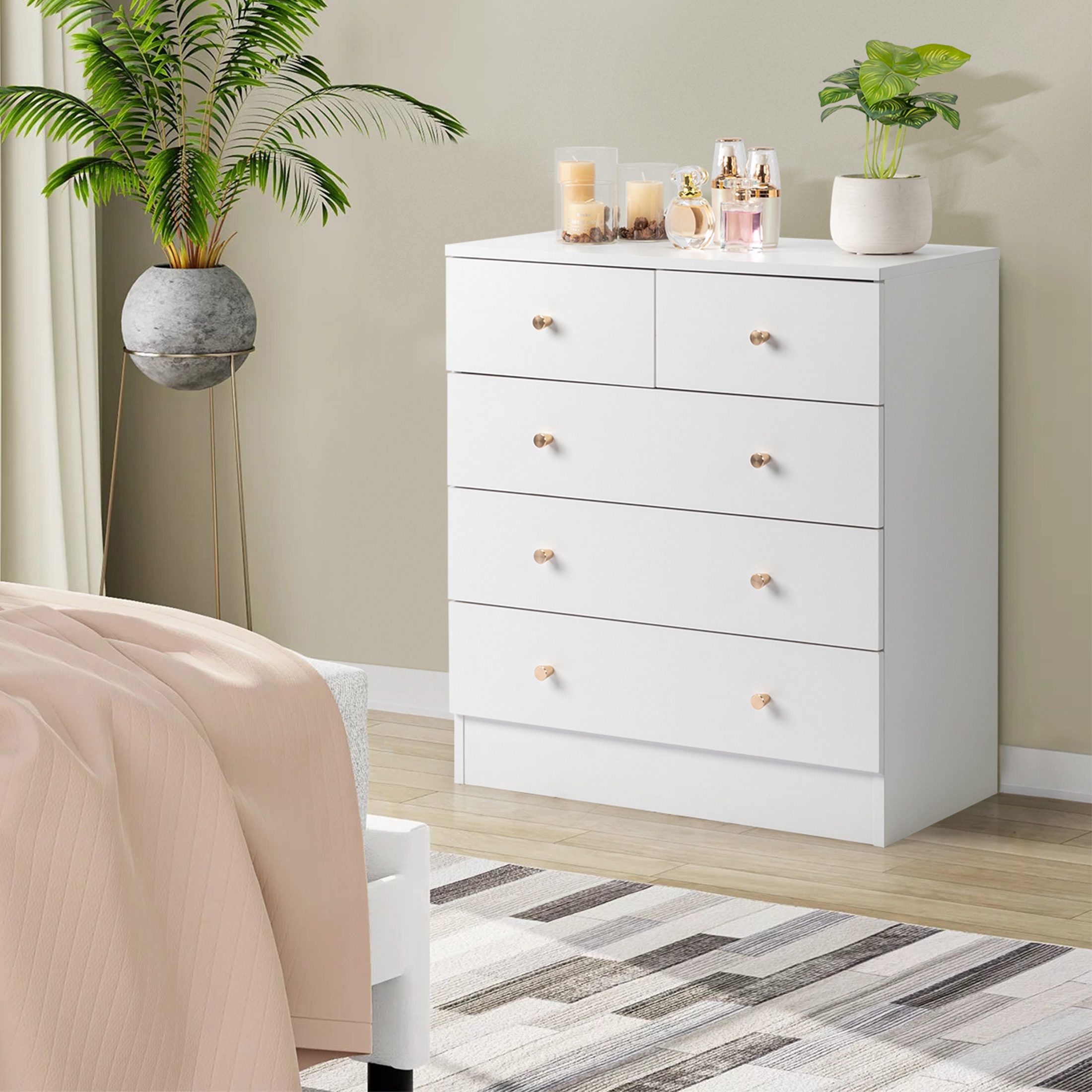 UHOMEPRO 5 Drawer Dresser, White Dressers with 3 Large Drawer and 2 ...