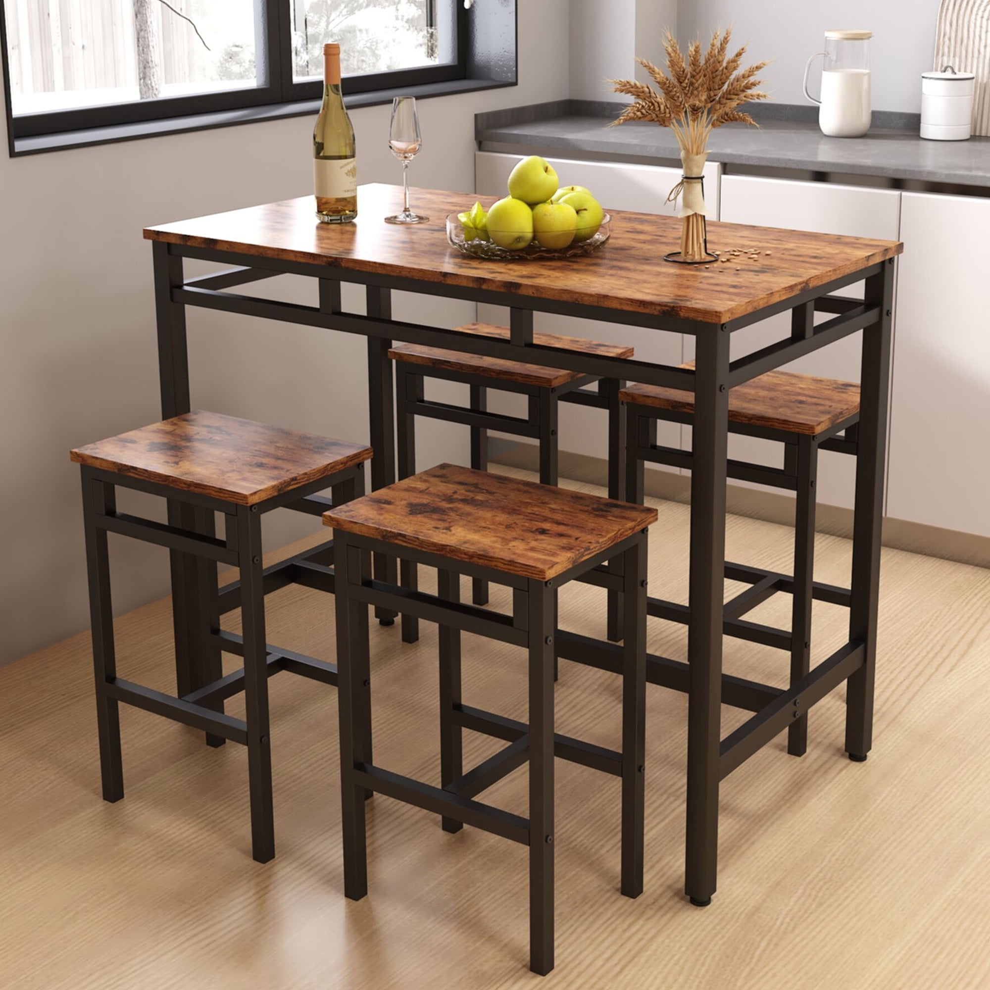 uhomepro 5 Piece Bar Table Set with 4 Stools, Metal Frame Kitchen ...