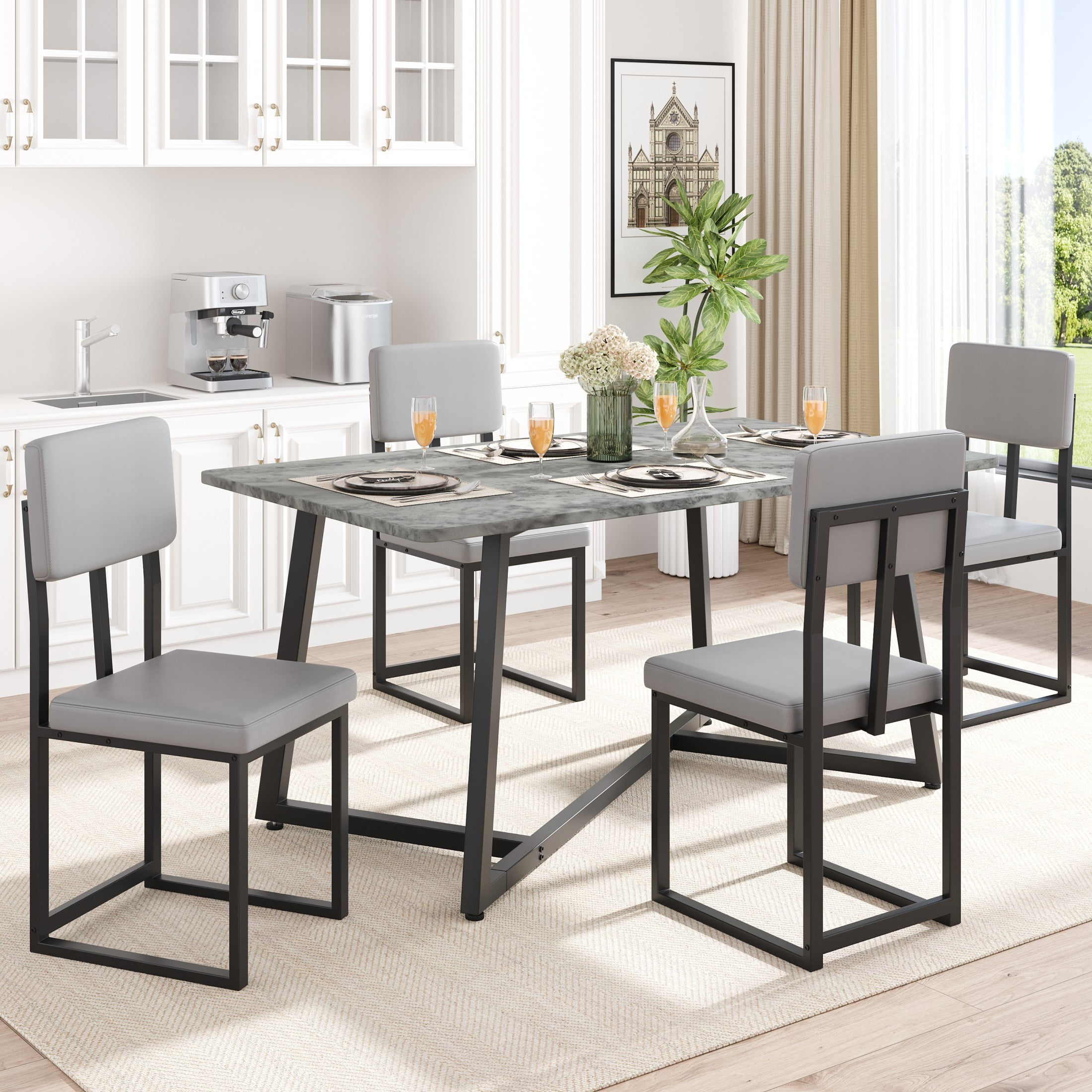 uhomepro 5pc Kitchen Dining Table Set, Marble Top, Metal Frame, 4 ...