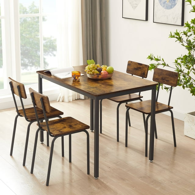 uhomepro 5-Piece Dinette Set, Rustic Brown, Wooden Top Table, 4 Chairs ...