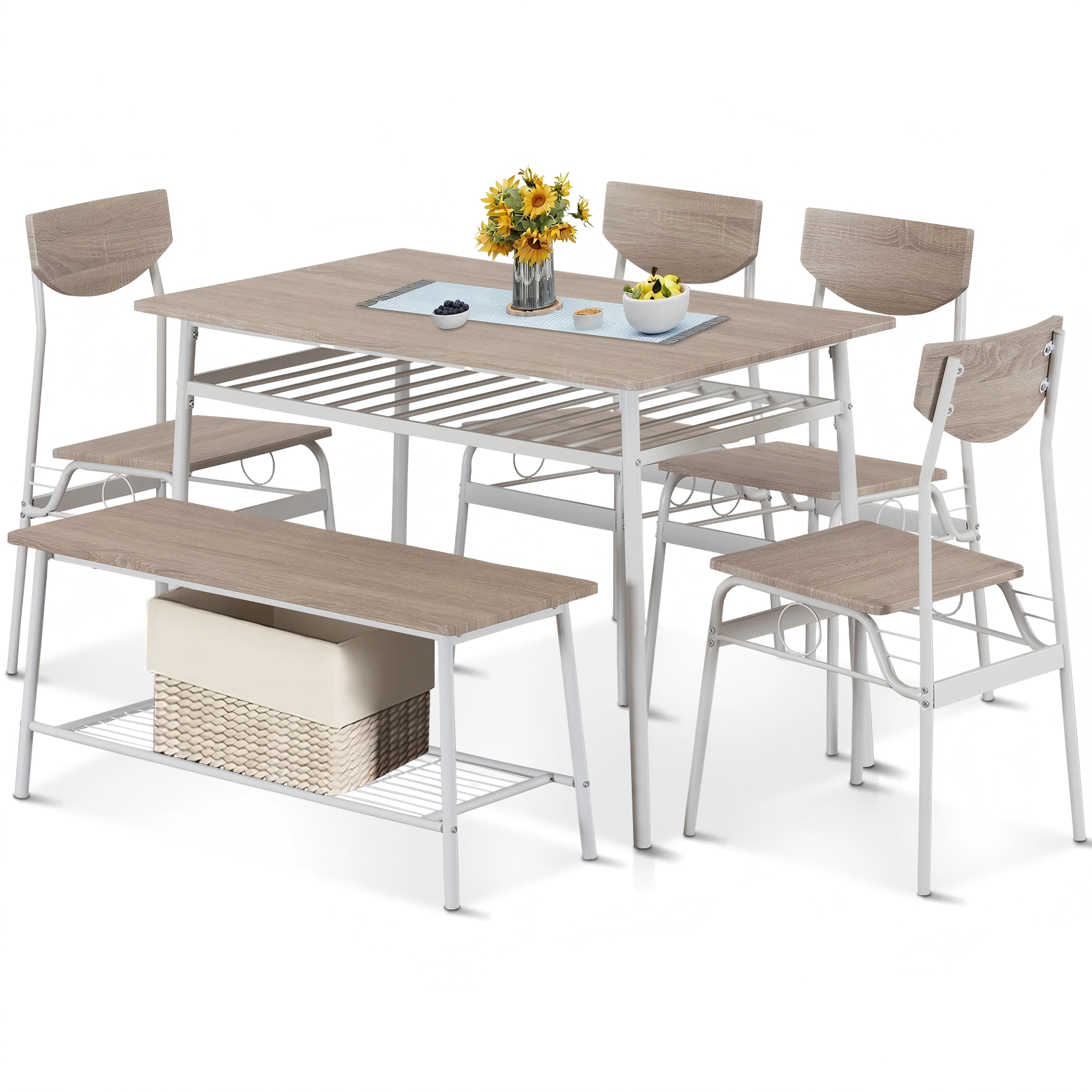 uhomepro 6-Piece Dining Set, Rectangular Table, 4 Chairs, Bench ...