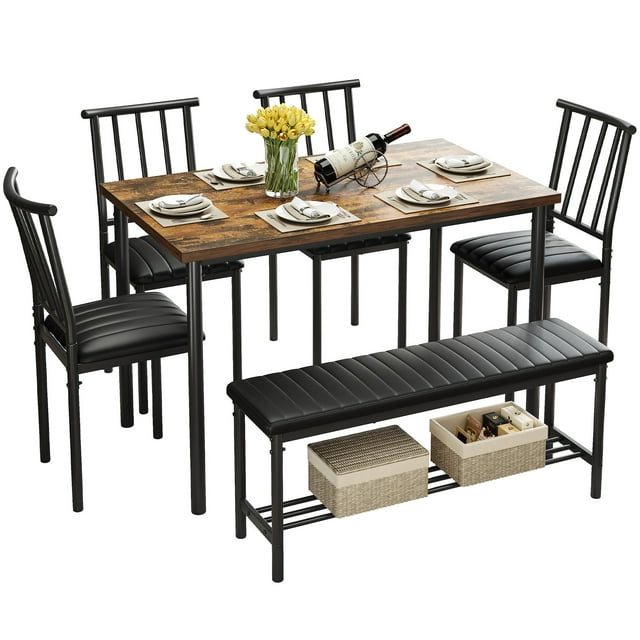 Uhomepro 6 Piece Dining Set Rectangular Table Storage Rack 4 Pu