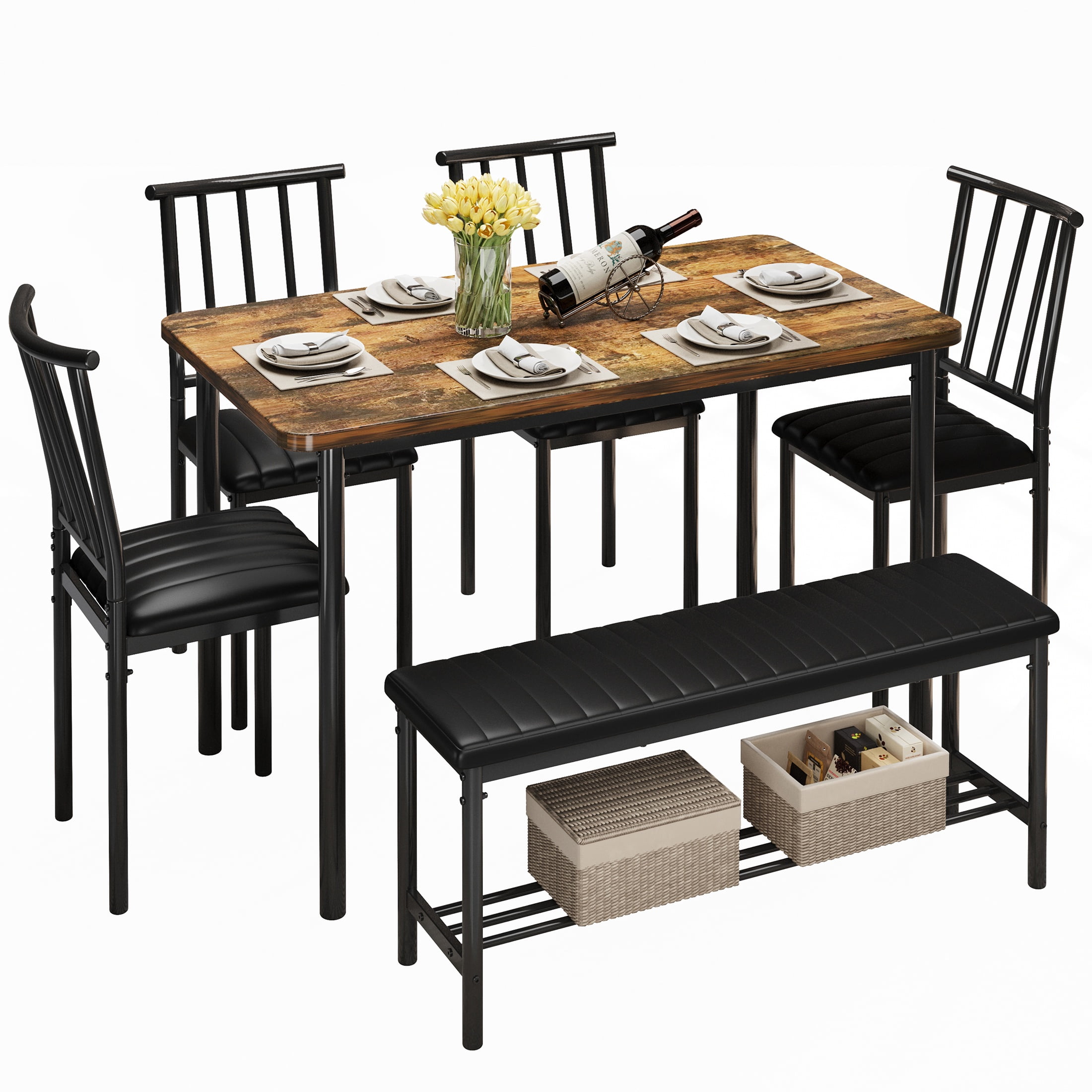 uhomepro 6-Piece Dining Set, Rectangular Table, Storage Rack, 4 PU ...