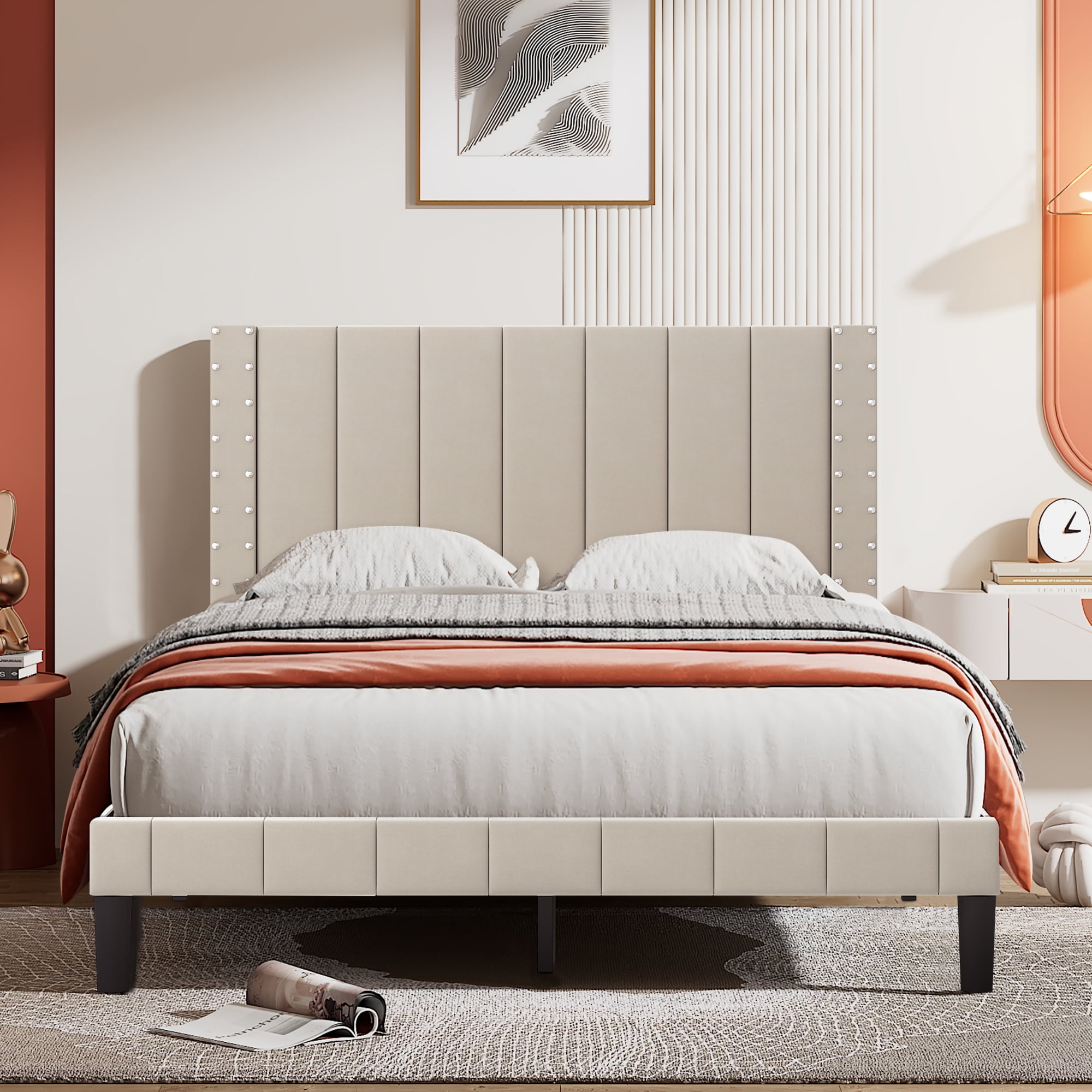 uhomepro Beige Full Bed Frame for Adults Kids, Modern Fabric ...