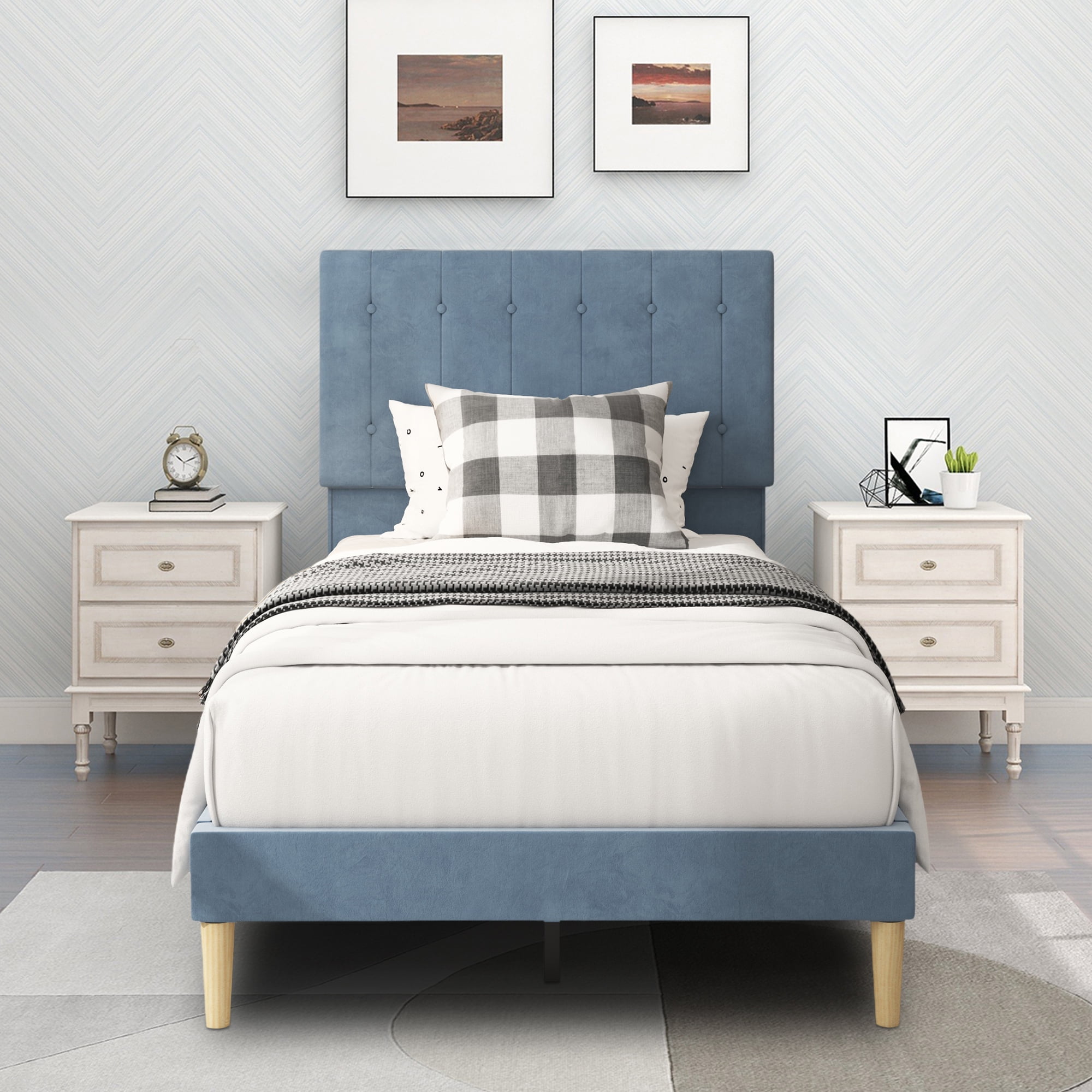 uhomepro Blue Twin Bed Frame for Kids Adults, Modern Fabric Upholstered ...