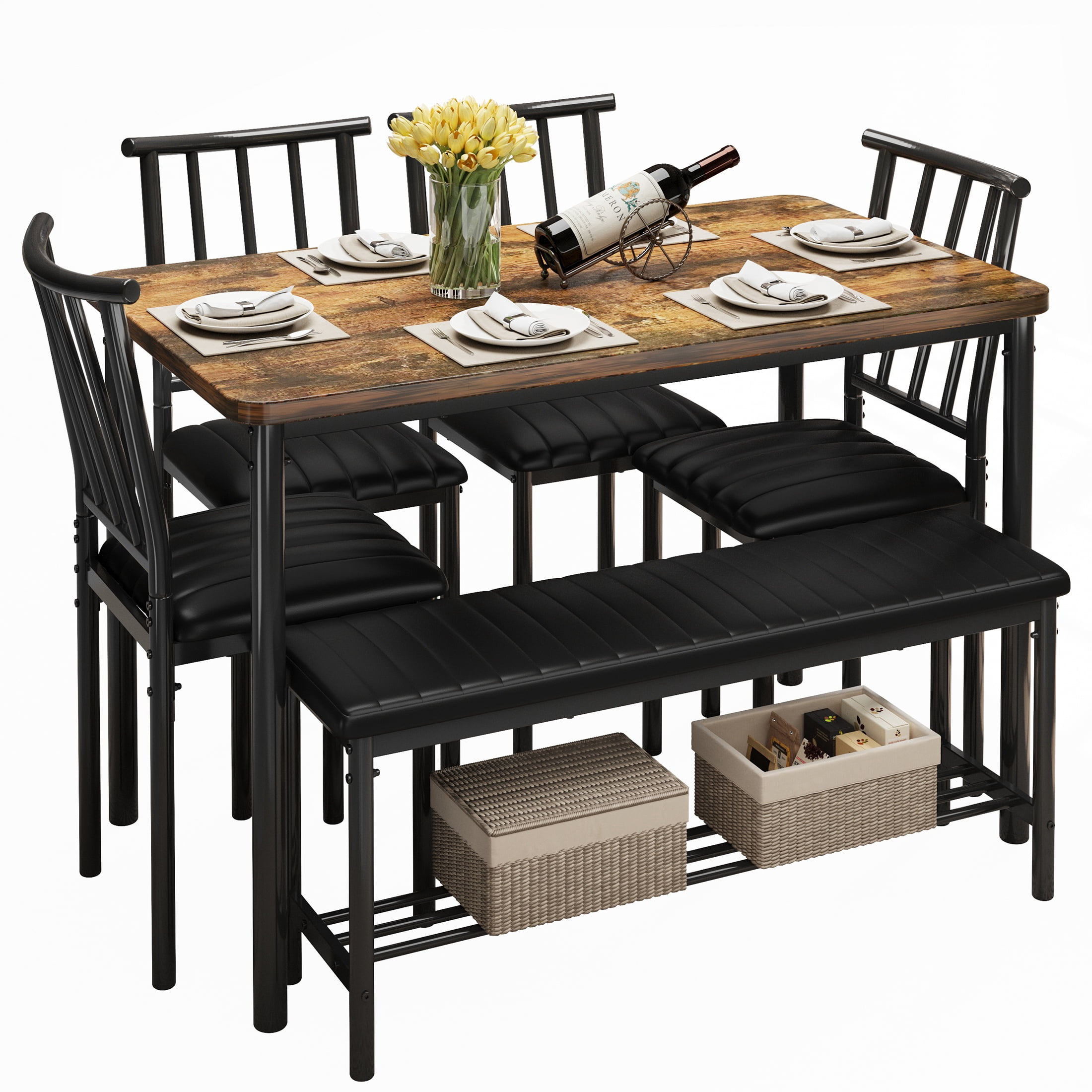 uhomepro 6-Piece Dining Set with Storage Rack, PU Leather Chairs and ...