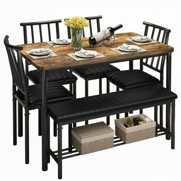 Dining Room Set - Table & 4 Chairs & Together with a Bench, Black - 6 ...