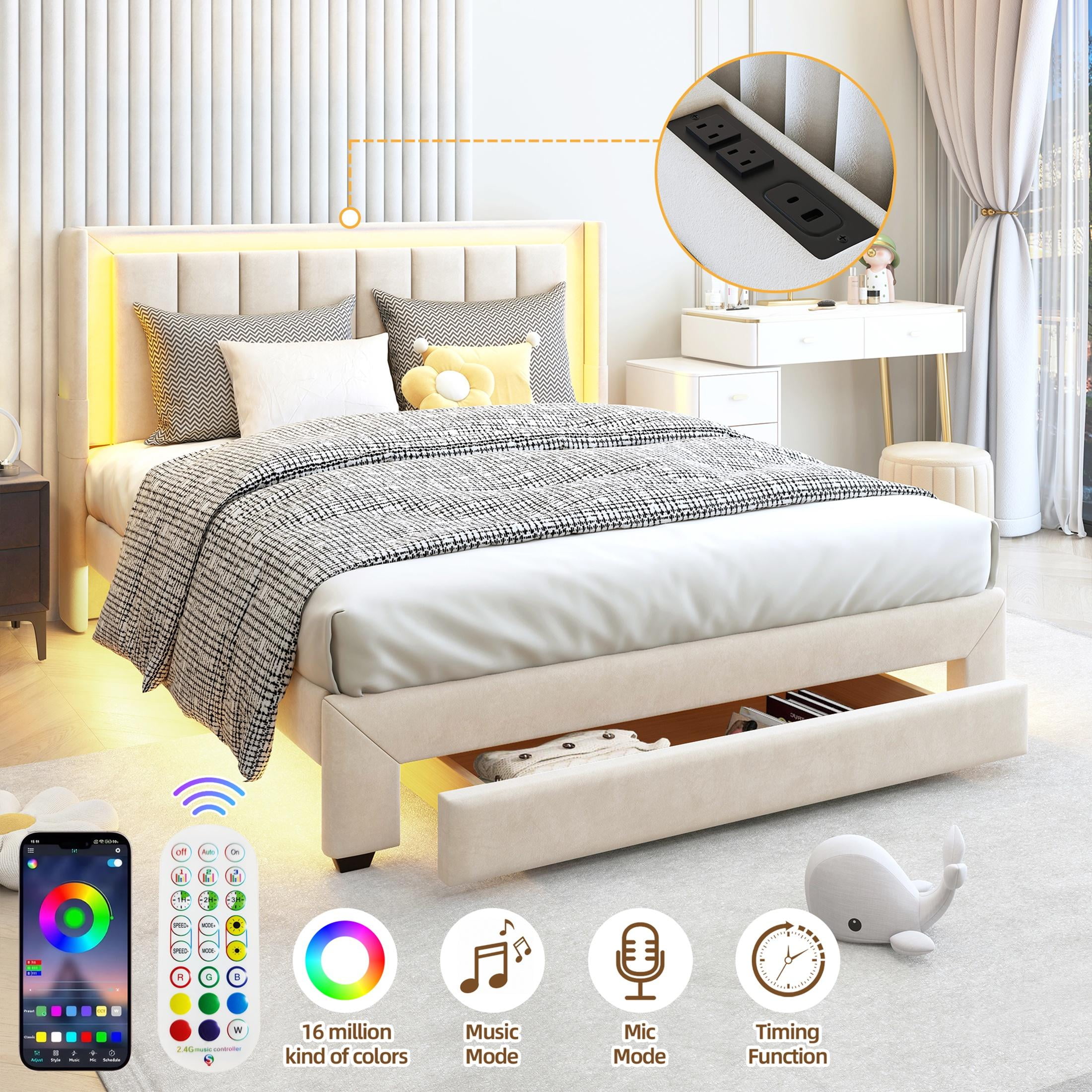 uhomepro Full Bed Frame with Storage, Upholstered Platform Bed with USB ...