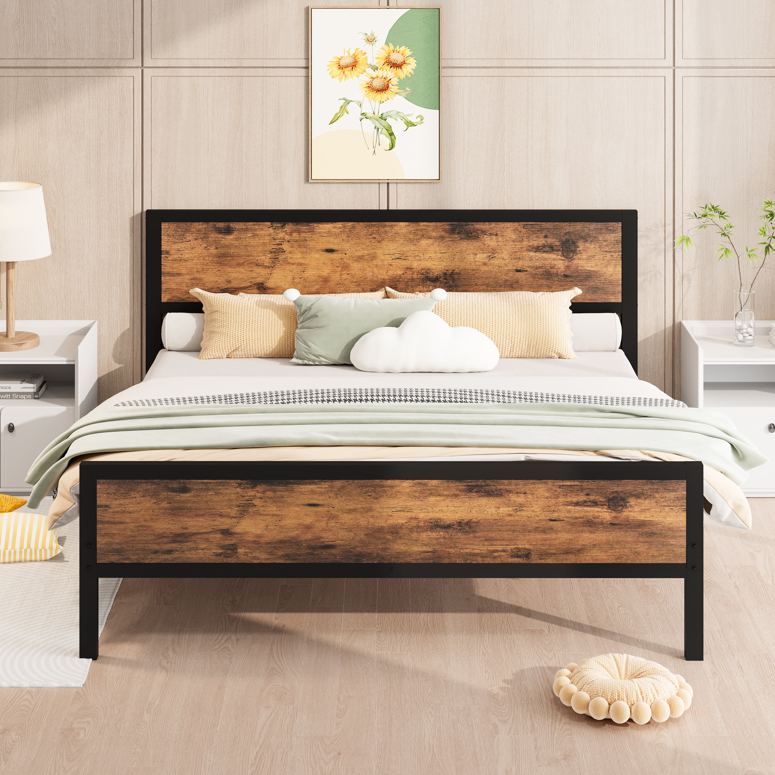 uhomepro Rustic Full Size Iron Bed Frame with Wooden Headboard and ...
