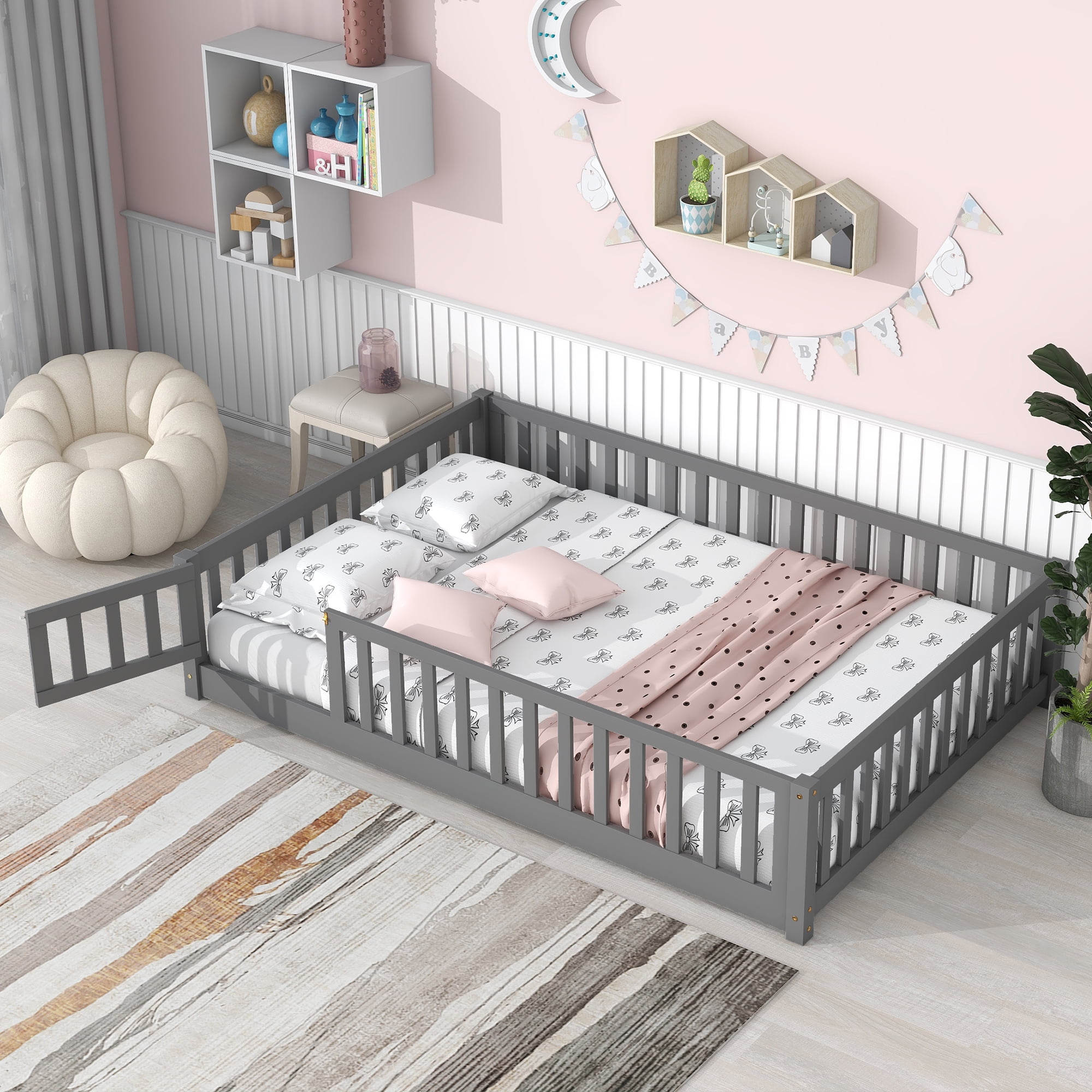 uhomepro Full Size Wood Floor Bed Frame with Fence and Door for Kids ...