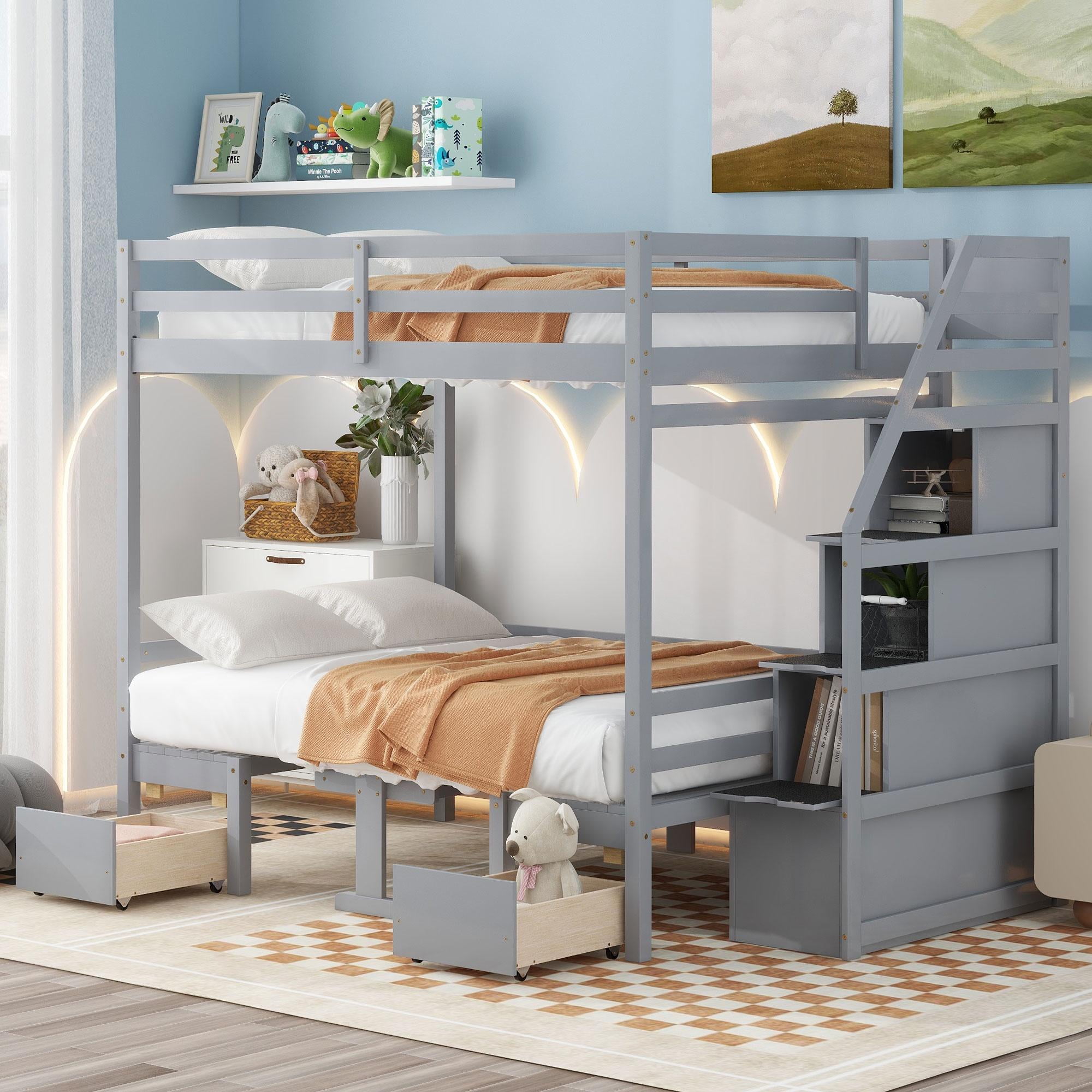 uhomepro Full over Full Bunk Bed with Storage Staircase, The Down Bed ...