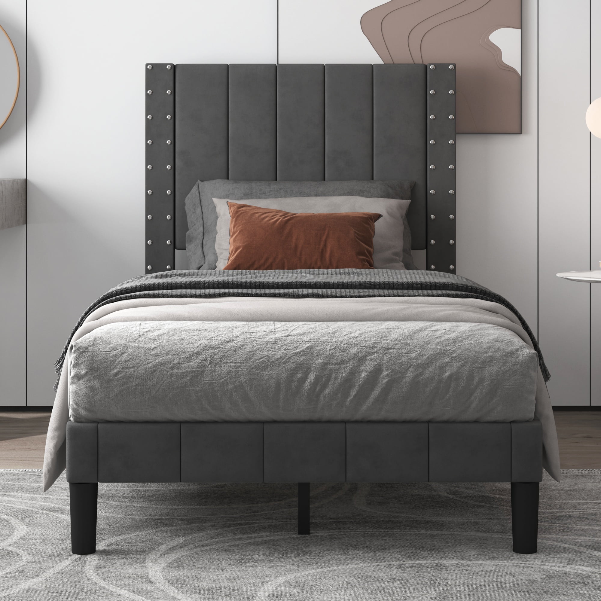 uhomepro Gray Twin Bed Frame for Adults Kids, Modern Fabric Upholstered ...