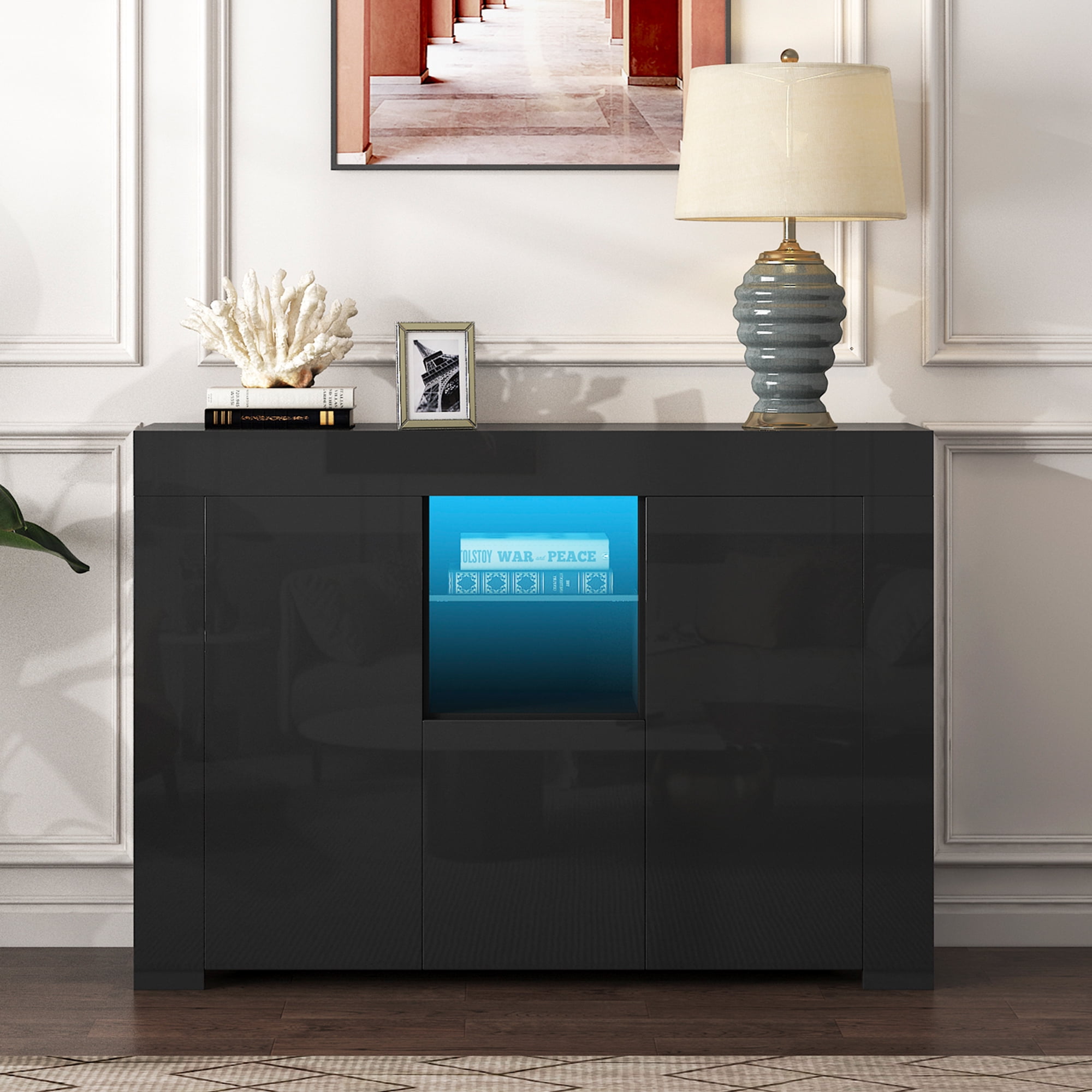uhomepro High Gloss Black Sideboard Display Cabinet with 16 Colors LED Lights Modern 2 Door Wood Buffet Cupboard Storage Unit with Remote Control for