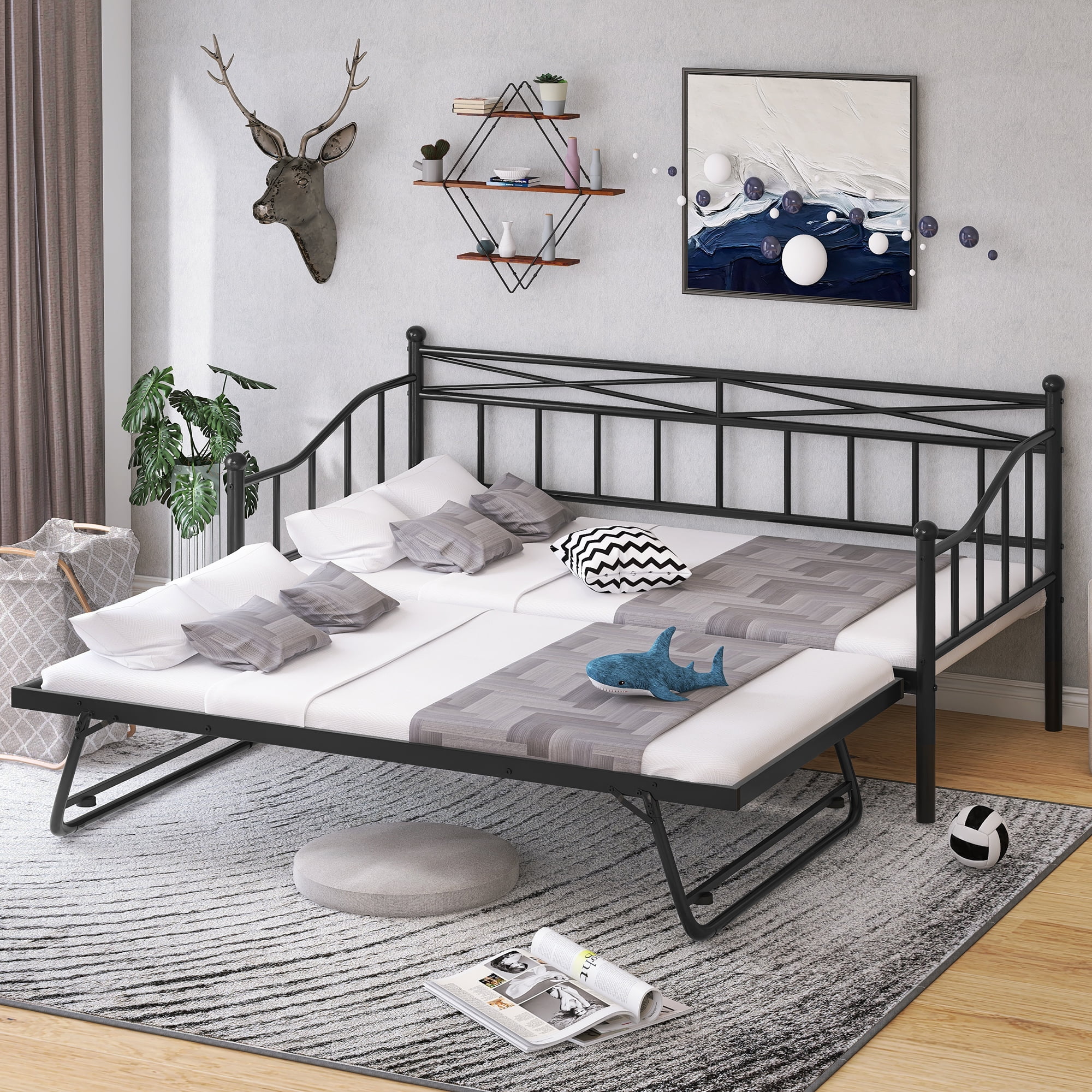 uhomepro Metal Twin Size Daybed with Adjustable Trundle, Modern Daybed ...