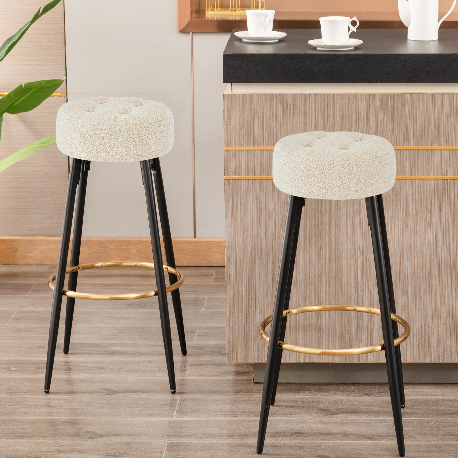 uhomepro Modern Round Bar Stools (Set of 2), 30" Upholstered Sherpa ...
