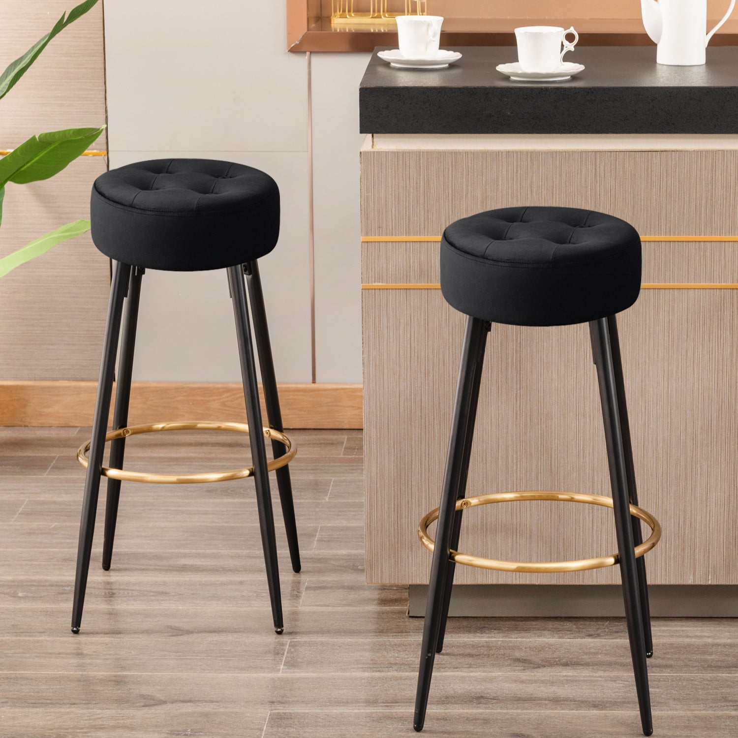 uhomepro Modern Round Bar Stools (Set of 2), 30" Upholstered Velvet ...