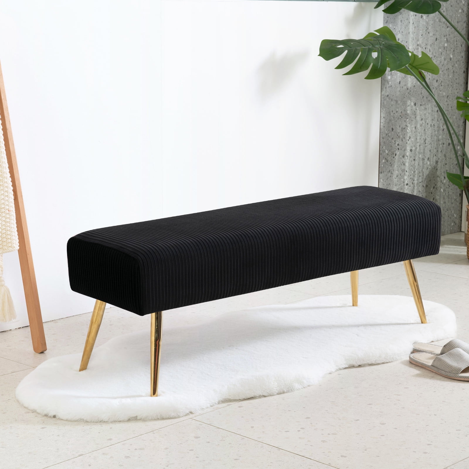 uhomepro Pleated Velvet Bench Upholstered 44.75" Ottoman Bench Footrest ...
