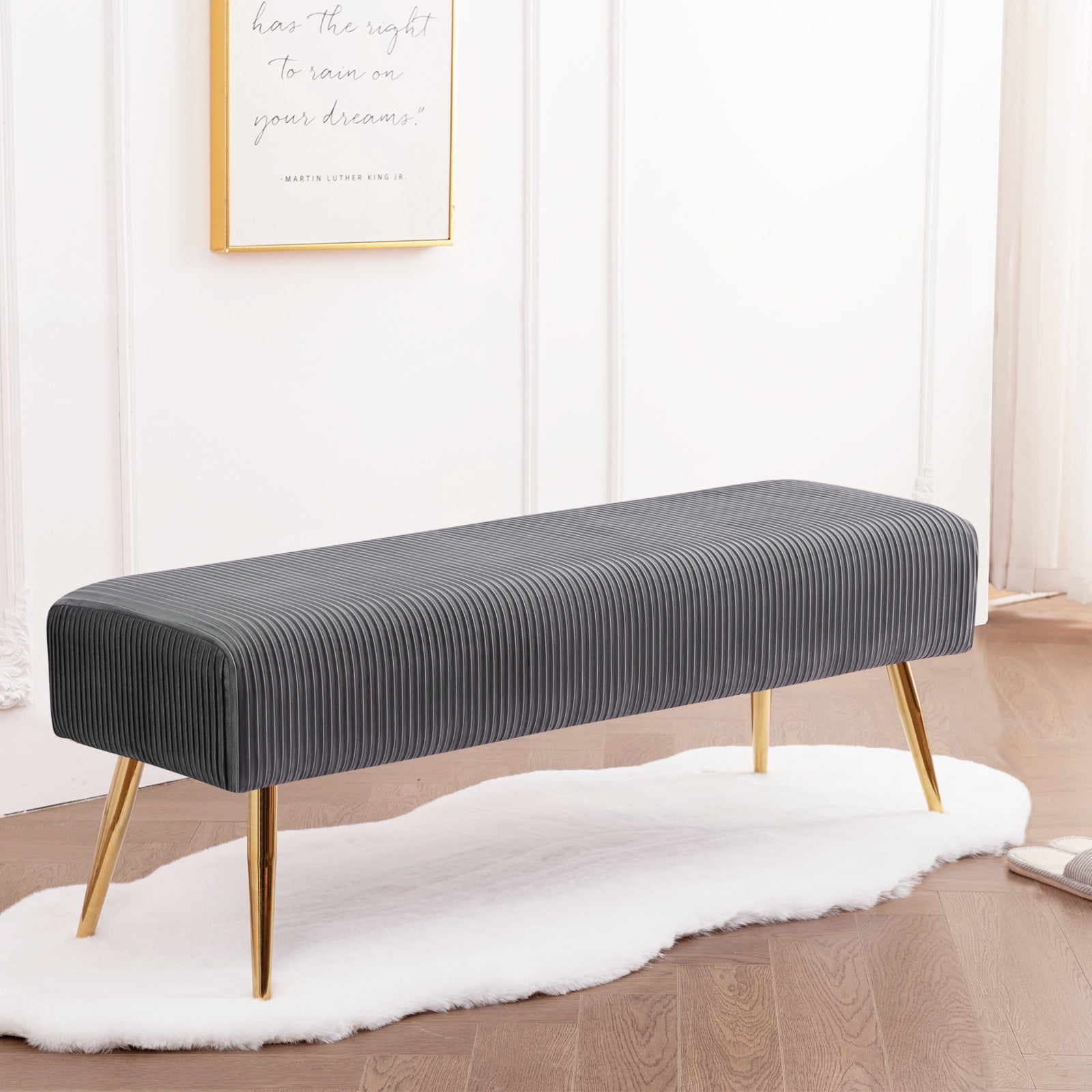 uhomepro Pleated Velvet Bench Upholstered 44.75" Ottoman Bench Footrest ...