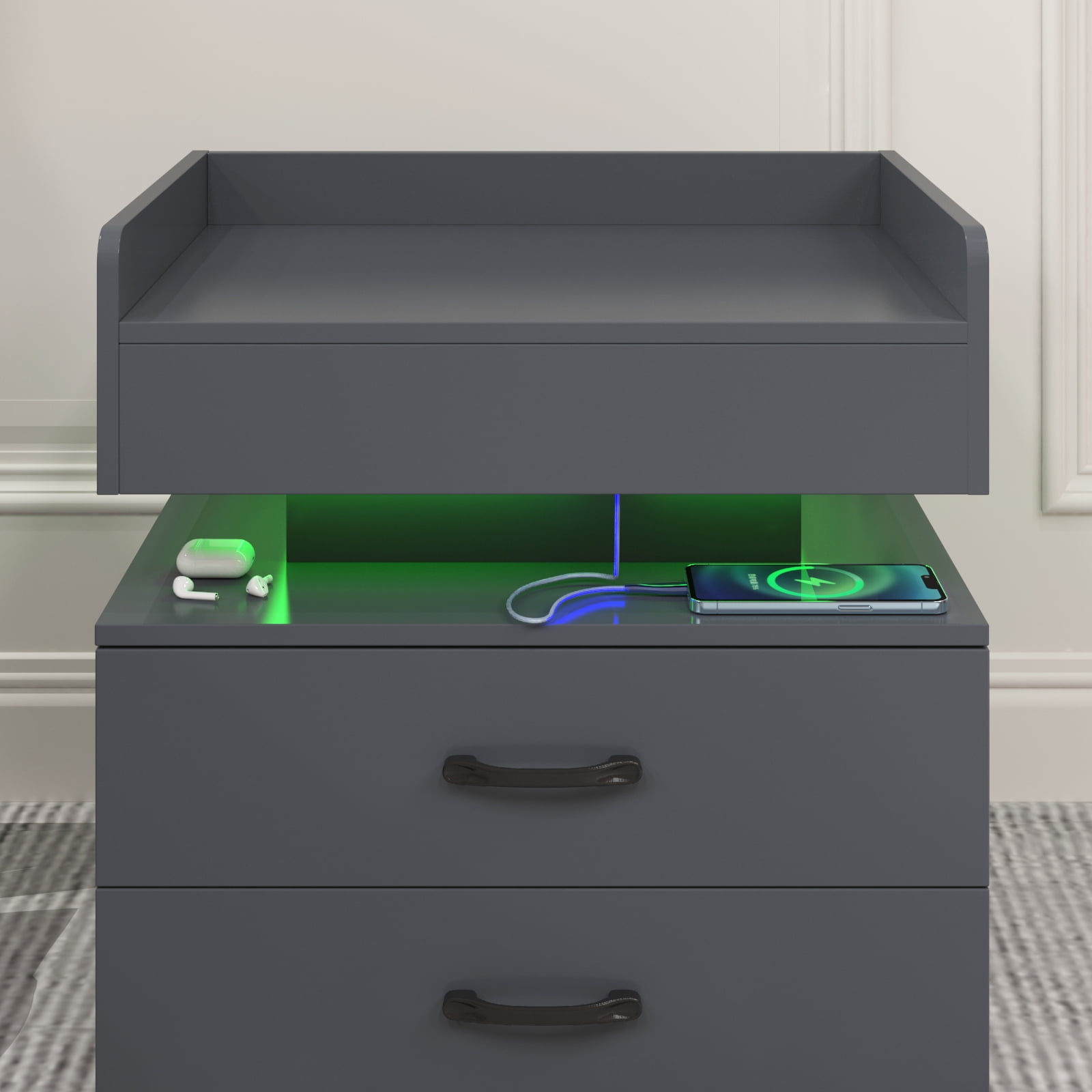 uhomepro Smart Nightstand with LED Lights, Charging Plug Outlets, USB ...