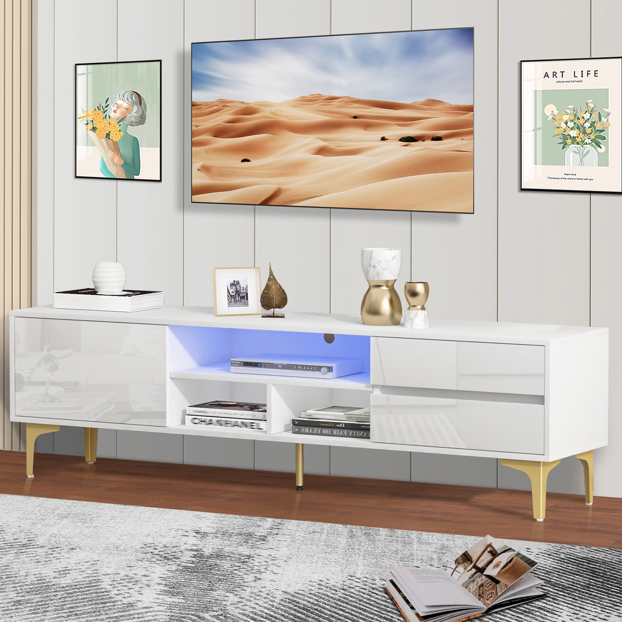 "uhomepro 63"" TV Stand for 70"" TVs, RGB LED, High Gloss Entertainment ...